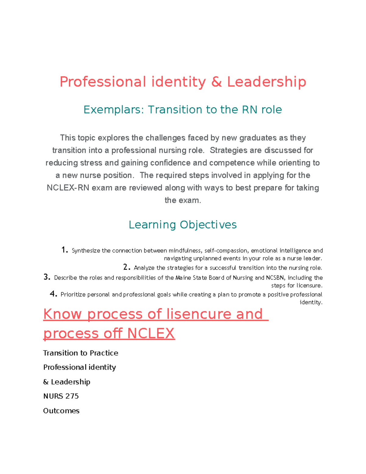 Transition to rn 275 - Professional identity & Leadership Exemplars ...