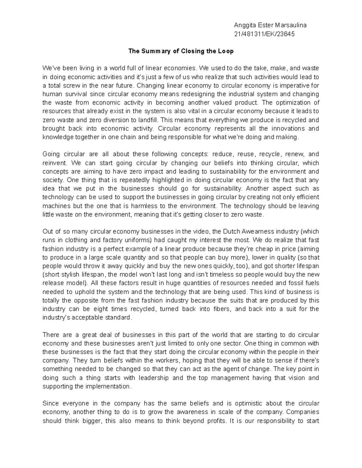 Summary of closing the loops - Anggita Ester Marsaulina 21/481311/EK ...