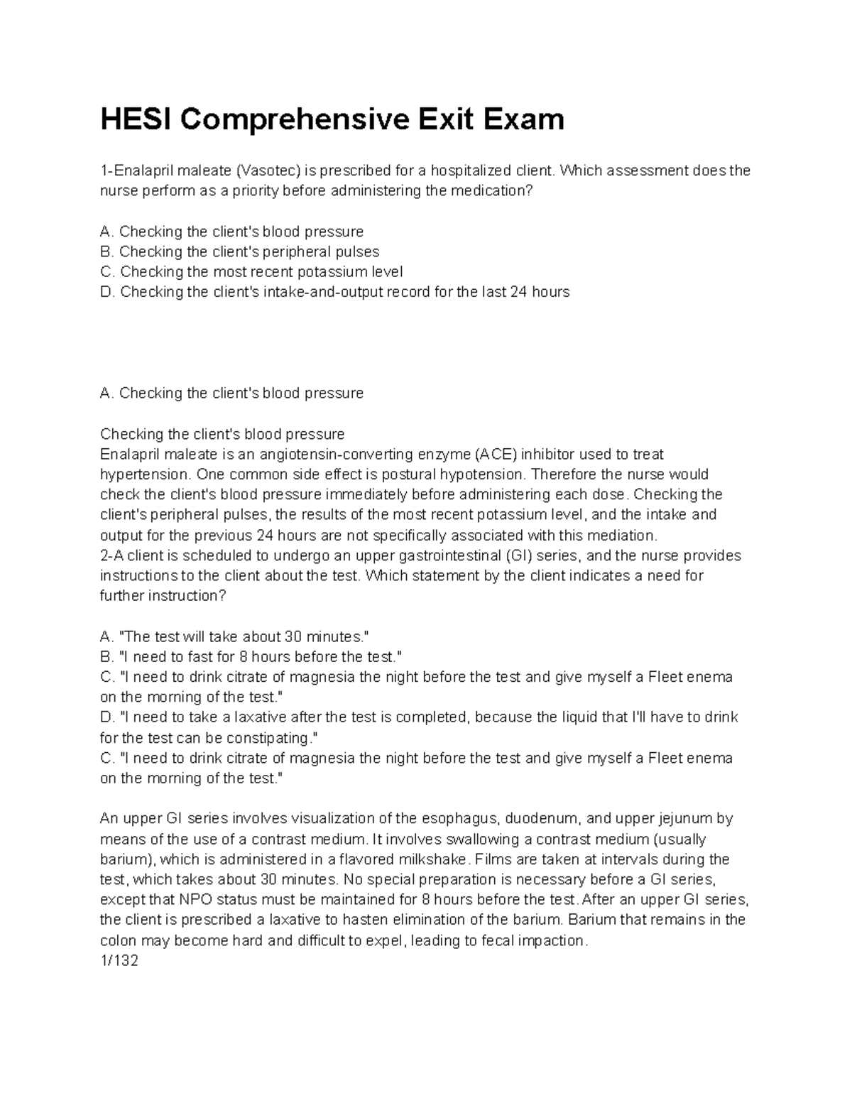 HESI Comprehensive Exit Exam - HESI Comprehensive Exit Exam 1-Enalapril ...
