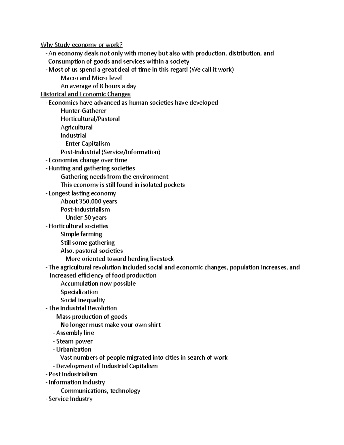 SOC 101 12 - Lecture notes - Why Study economy or work? - An economy ...