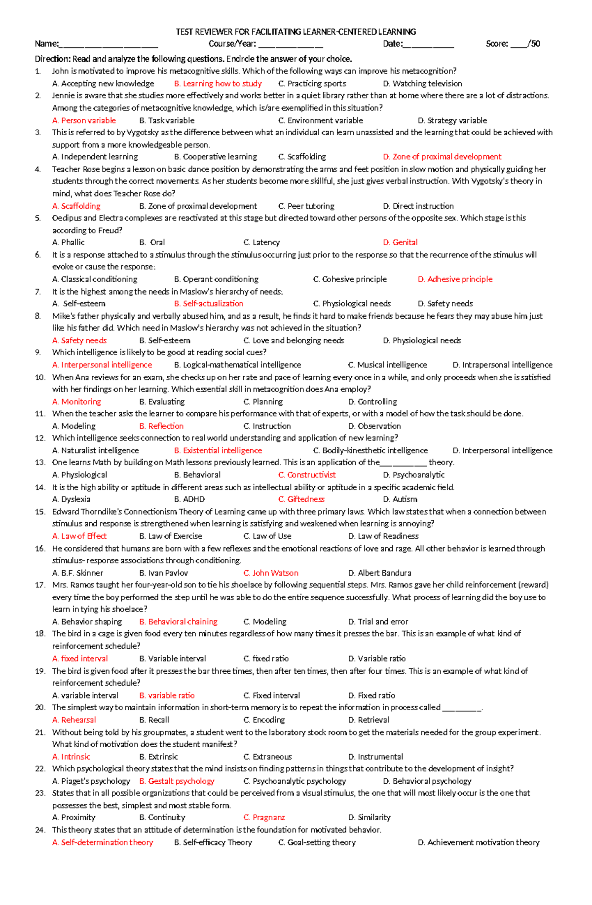 TEST Reviewer FOR Facilitating Learner - TEST REVIEWER FOR FACILITATING ...