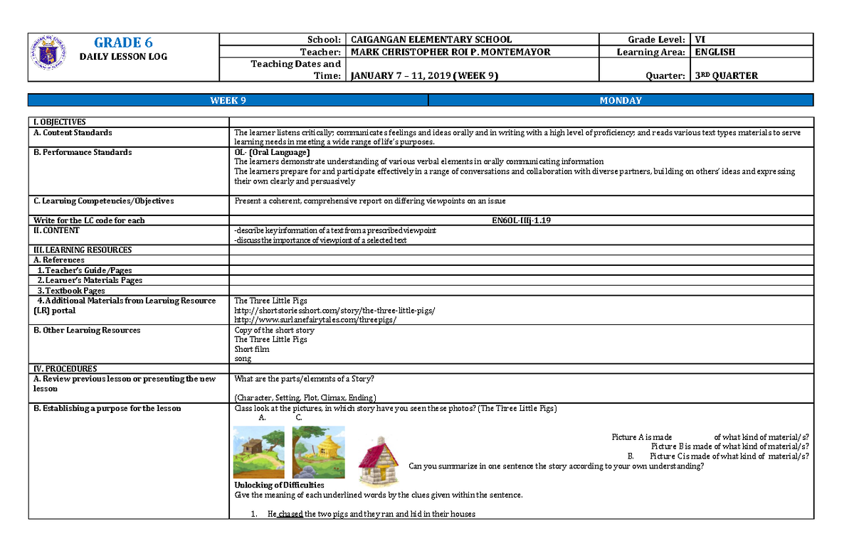 Perspectives in The 3 Little Pigs - GRADE 6 DAILY LESSON LOG School ...