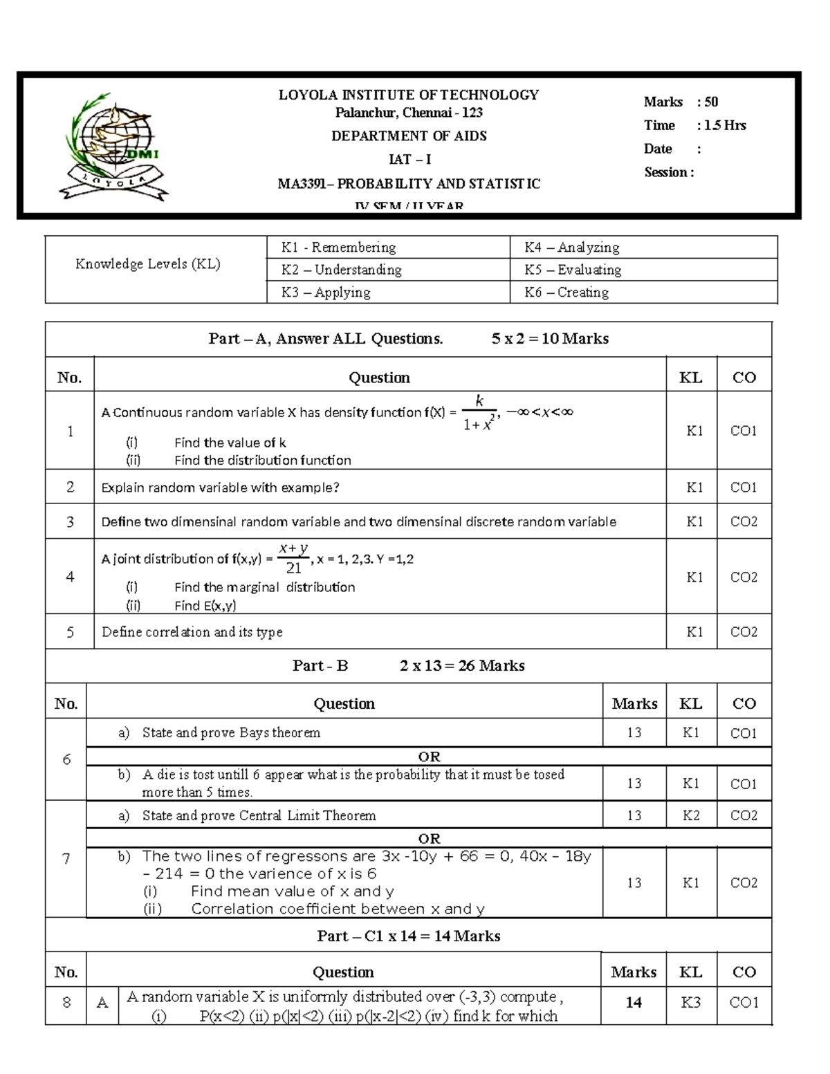 IAT 1 QP set 2 - .... - Knowledge Levels (KL) K1 - Remembering K4 ...