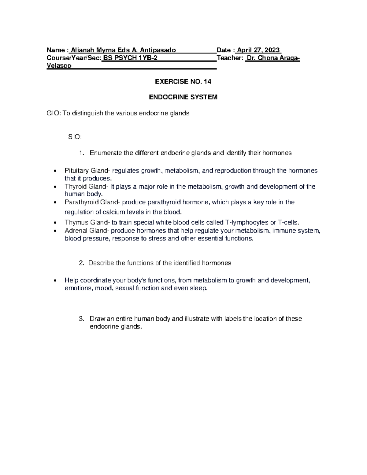 LAB- Exercise Endocrine-System - Name : Alianah Myrna Eds A. Antipasado ...