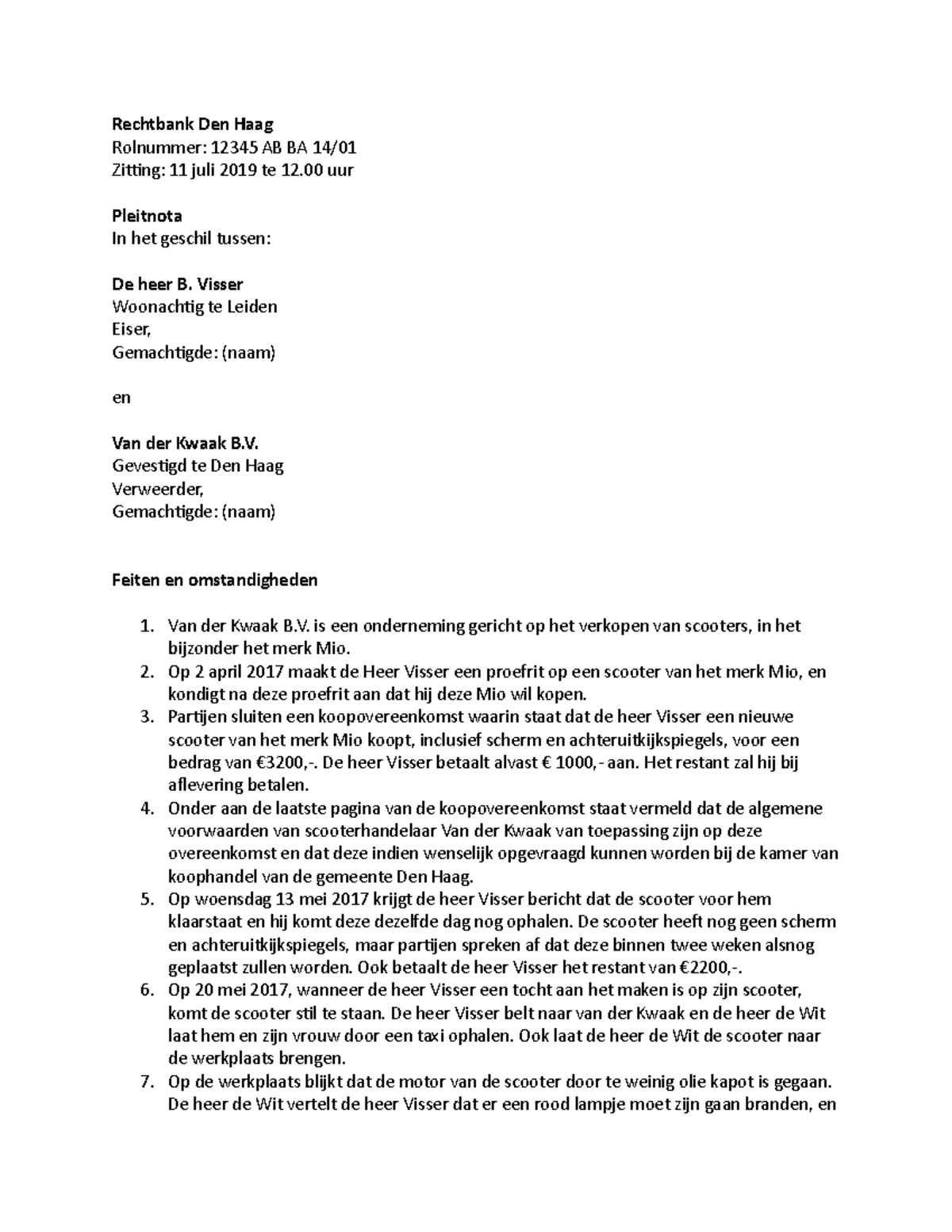 Pleitnota Voorbeeld - Rechtbank Den Haag Rolnummer: 12345 AB BA 14/01 ...