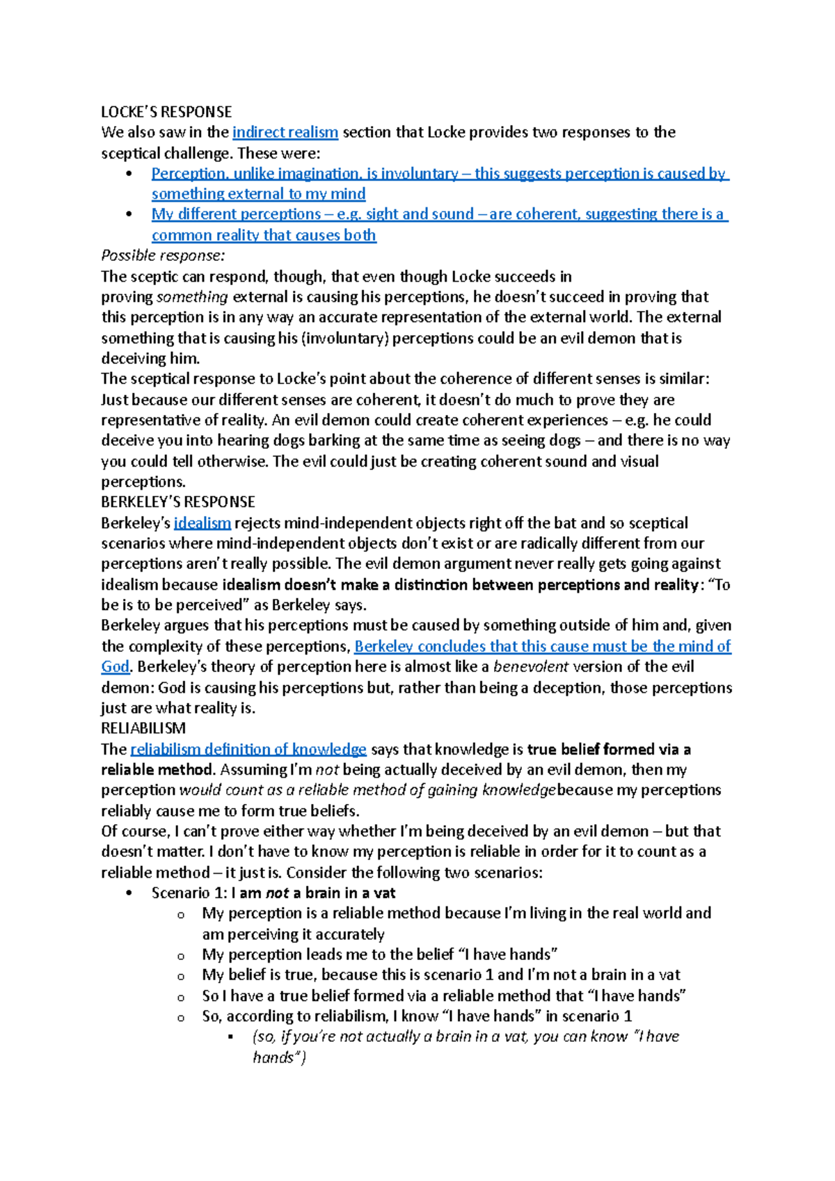 Locke - These were: Perception, unlike imagination, is involuntary ...