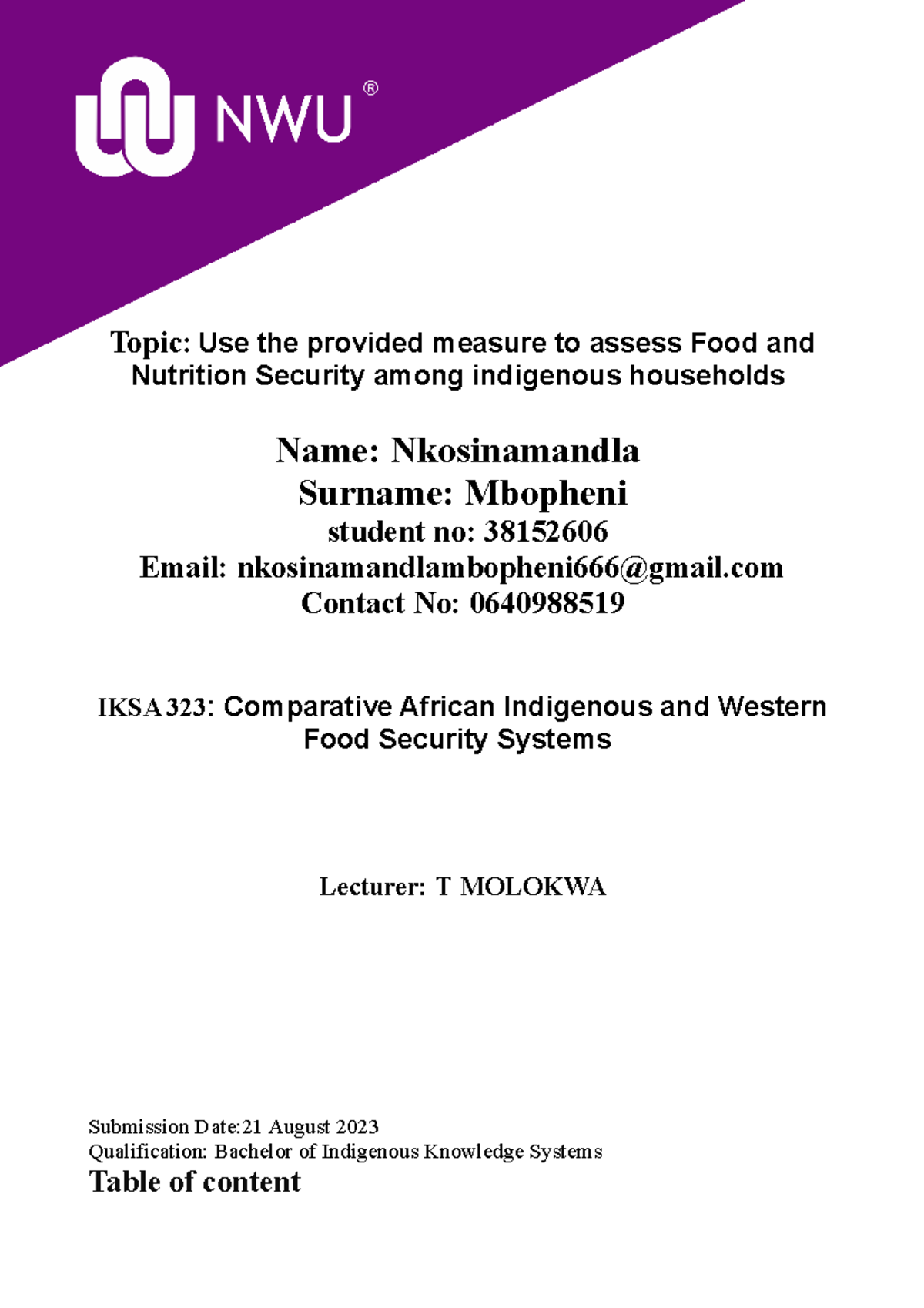 Null - null - Topic: Use the provided measure to assess Food and ...