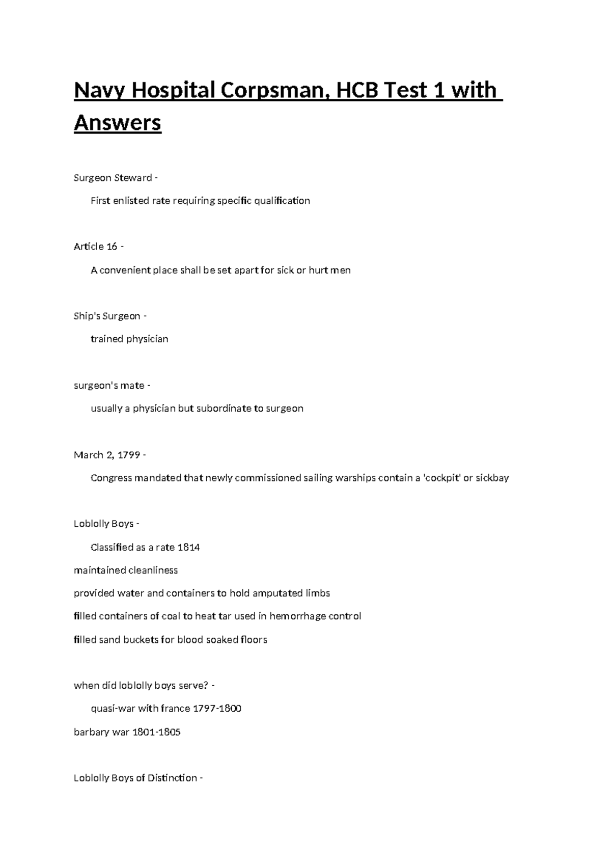Navy Hospital Corpsman, HCB Test 1 with Answers - Opening Health ...