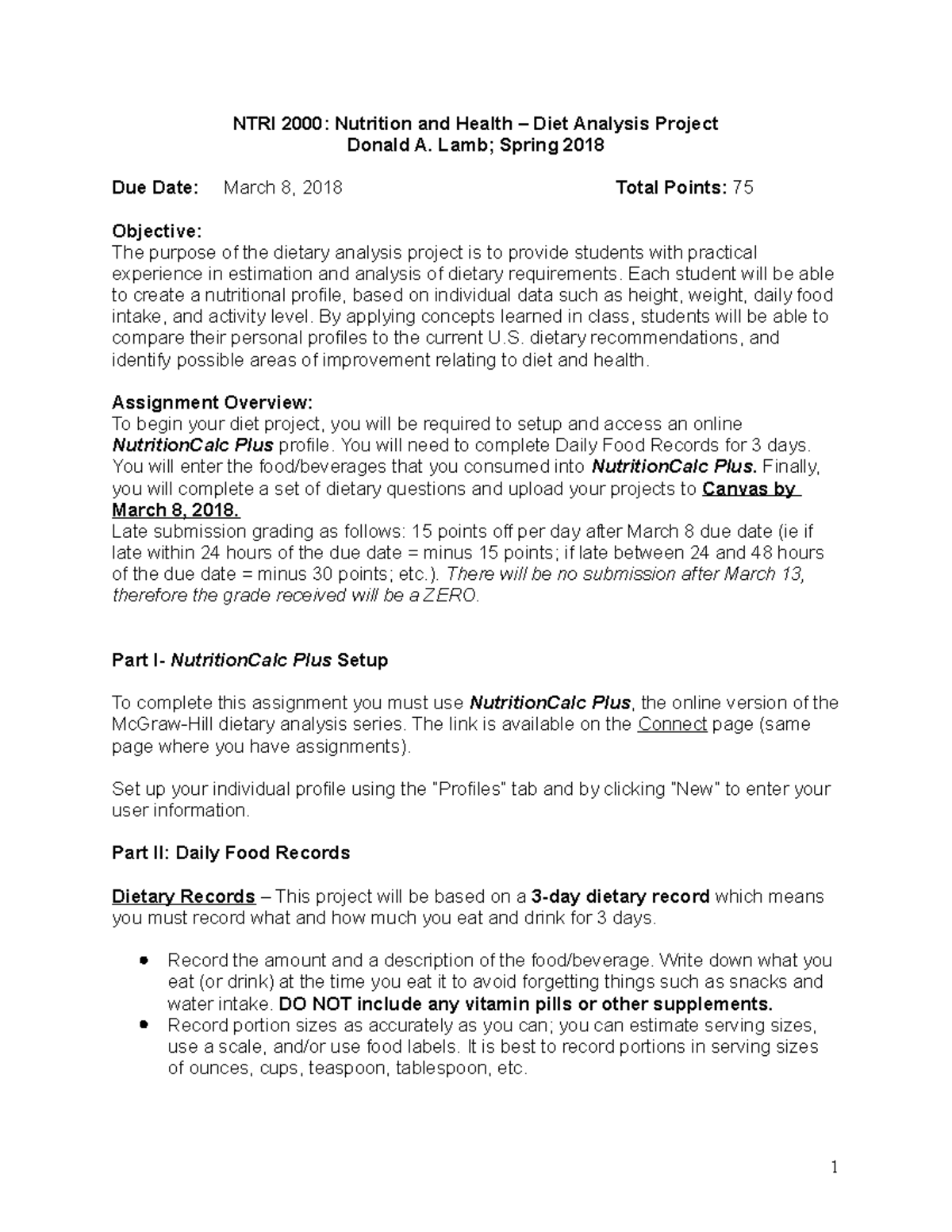 Diet Analysis Project Instructions Spring 2018 - Donald A Lamb - NTRI ...