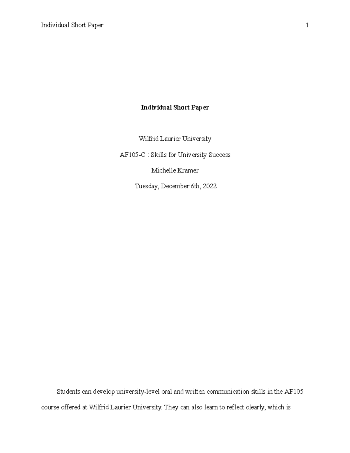 Short paper skills-2 - Individual Short Paper Wilfrid Laurier ...