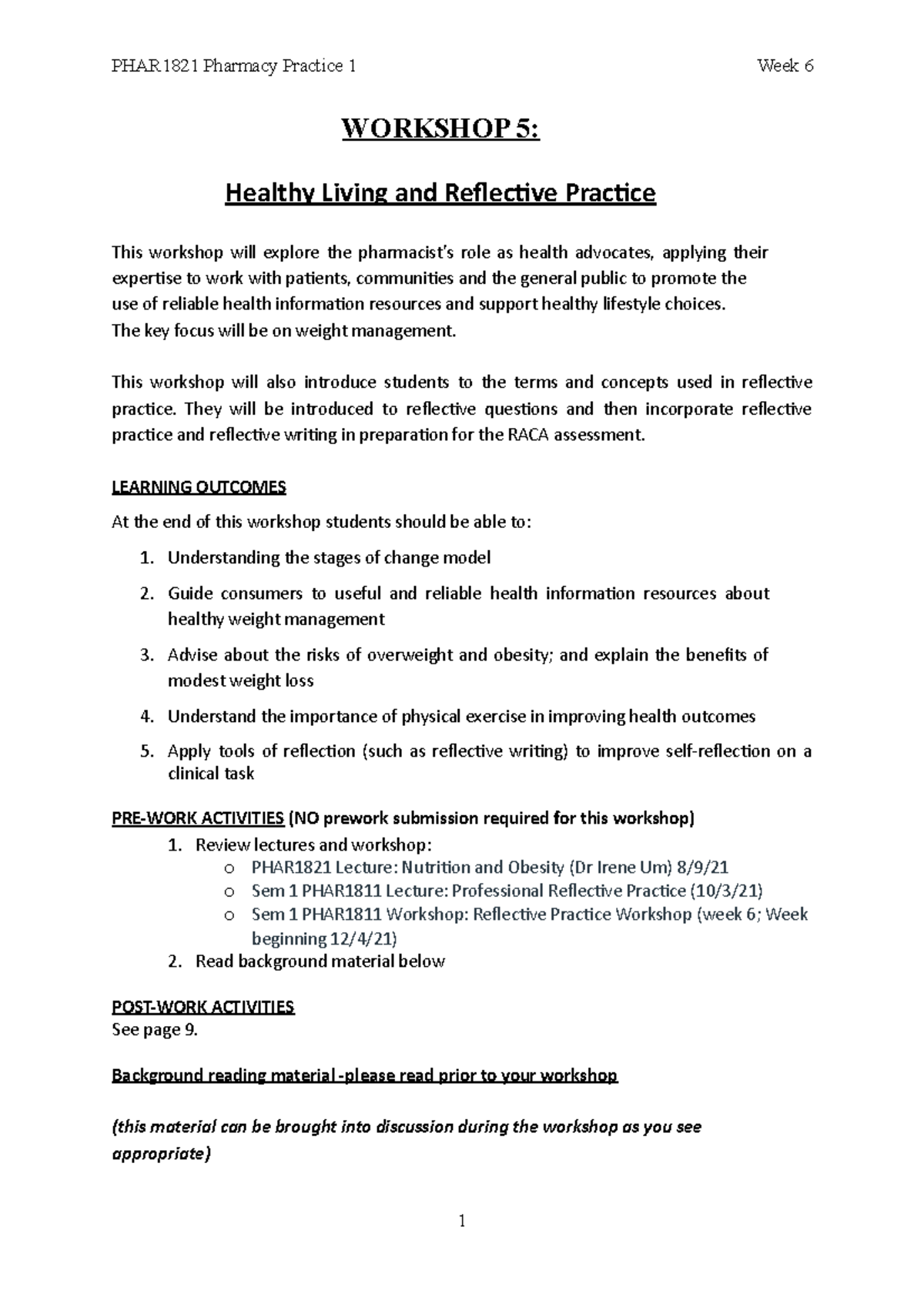 Workshop 5 Healthy Living and reflective practice - PHAR1821 - USyd ...