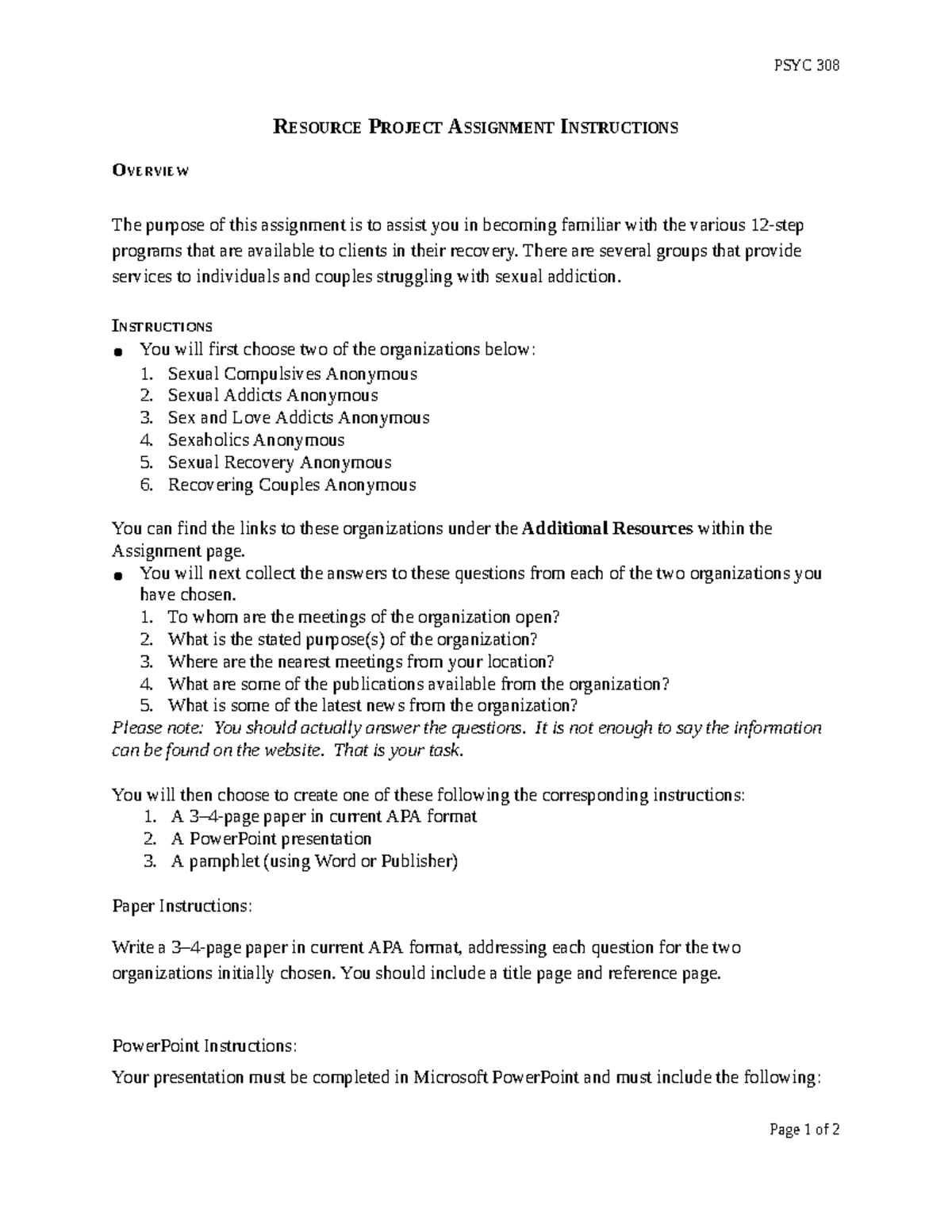 Resource Project Assignment Instructions - PSYC 308 - LU - Studocu