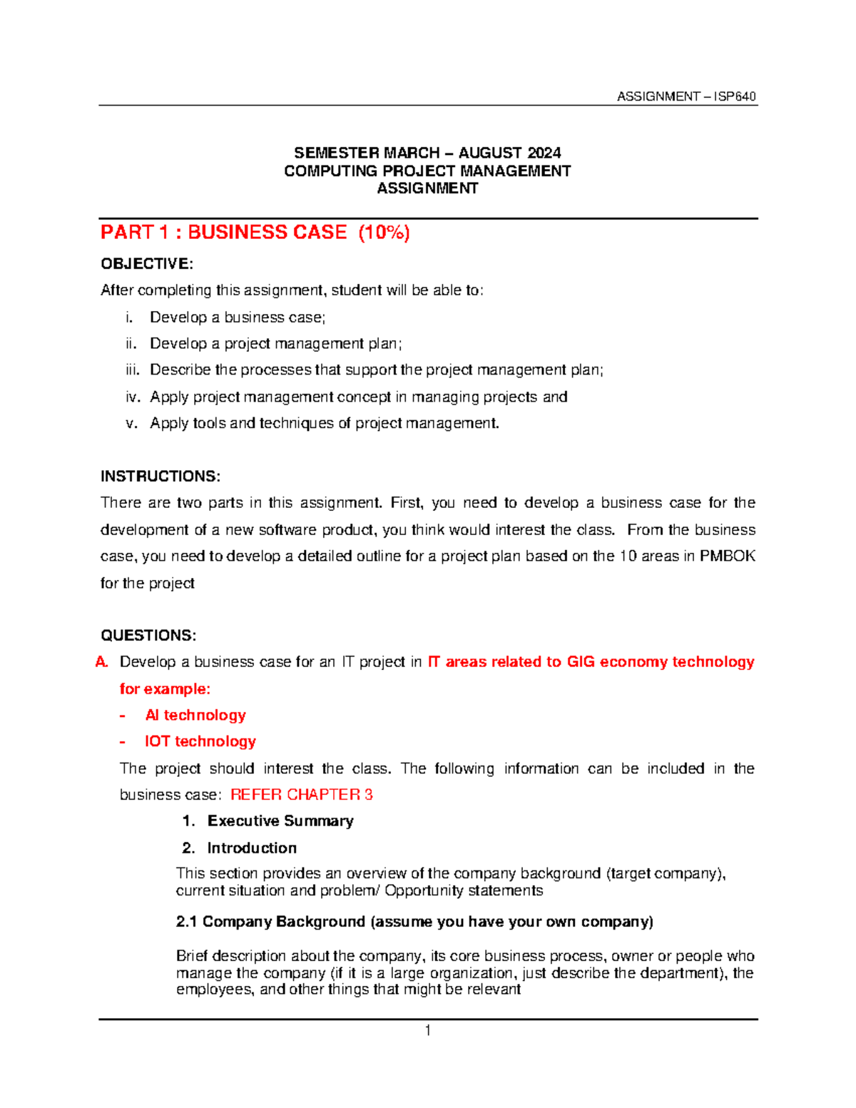 Assignment ISP640 MAC - AUG 2024 - SEMESTER MARCH – AUGUST 2024 COMPUTING PROJECT MANAGEMENT ...