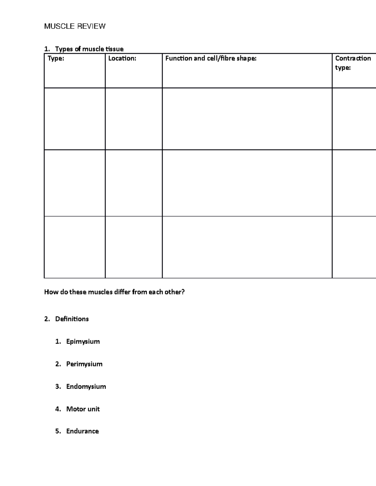 Muscle Review - Study Guide - Types of muscle tissue Type: Location ...