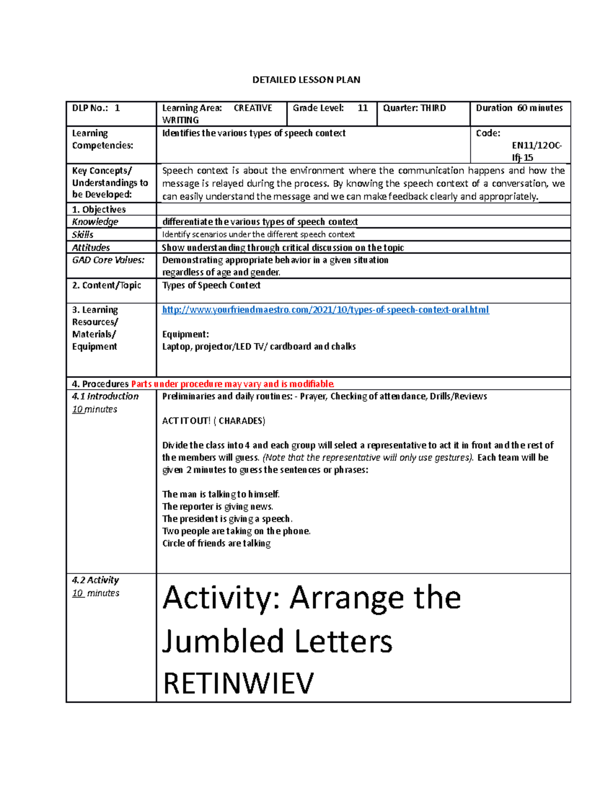LESSON PLAN FOR CREATIVR WRITING DETAILED LESSON PLAN DLP No 1 lesson-plan-for-creativr-writing-detailed-lesson-plan-dlp-no-1