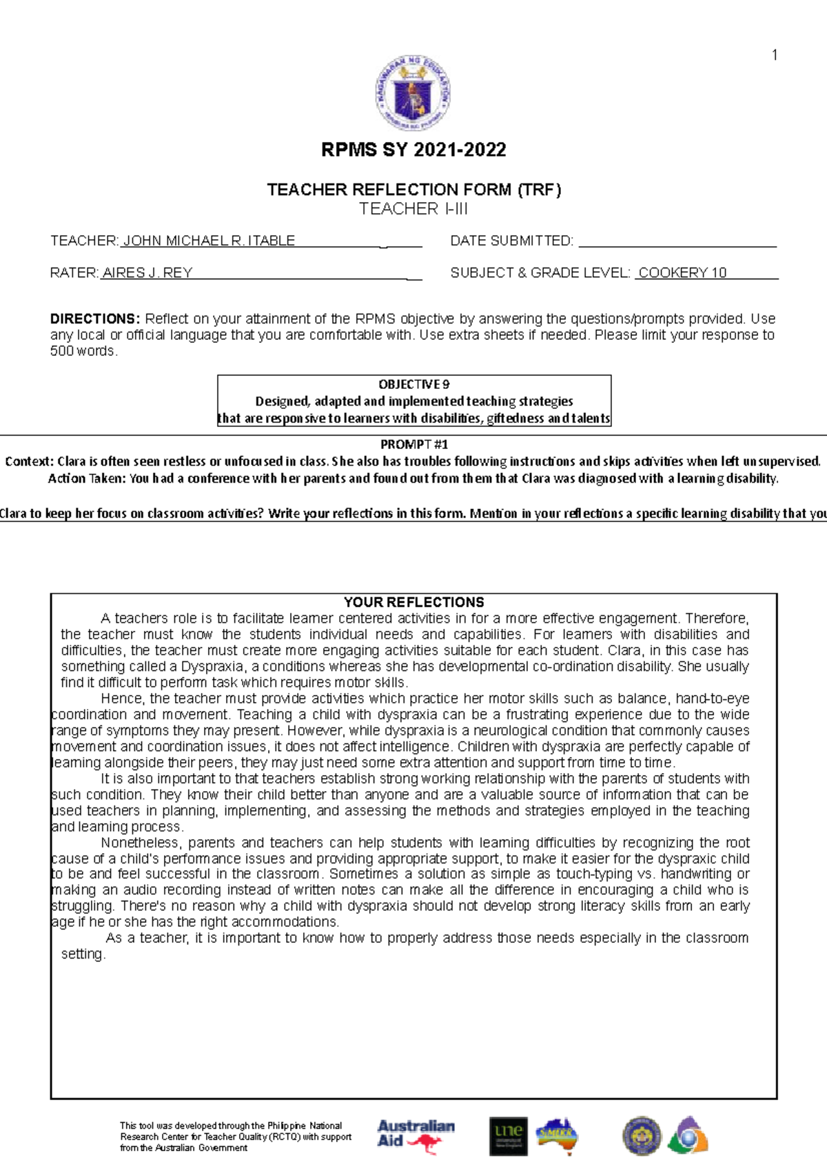 Appendix 4A Teacher Reflection Form for T I III for RPMS SY 2021 2022 ...