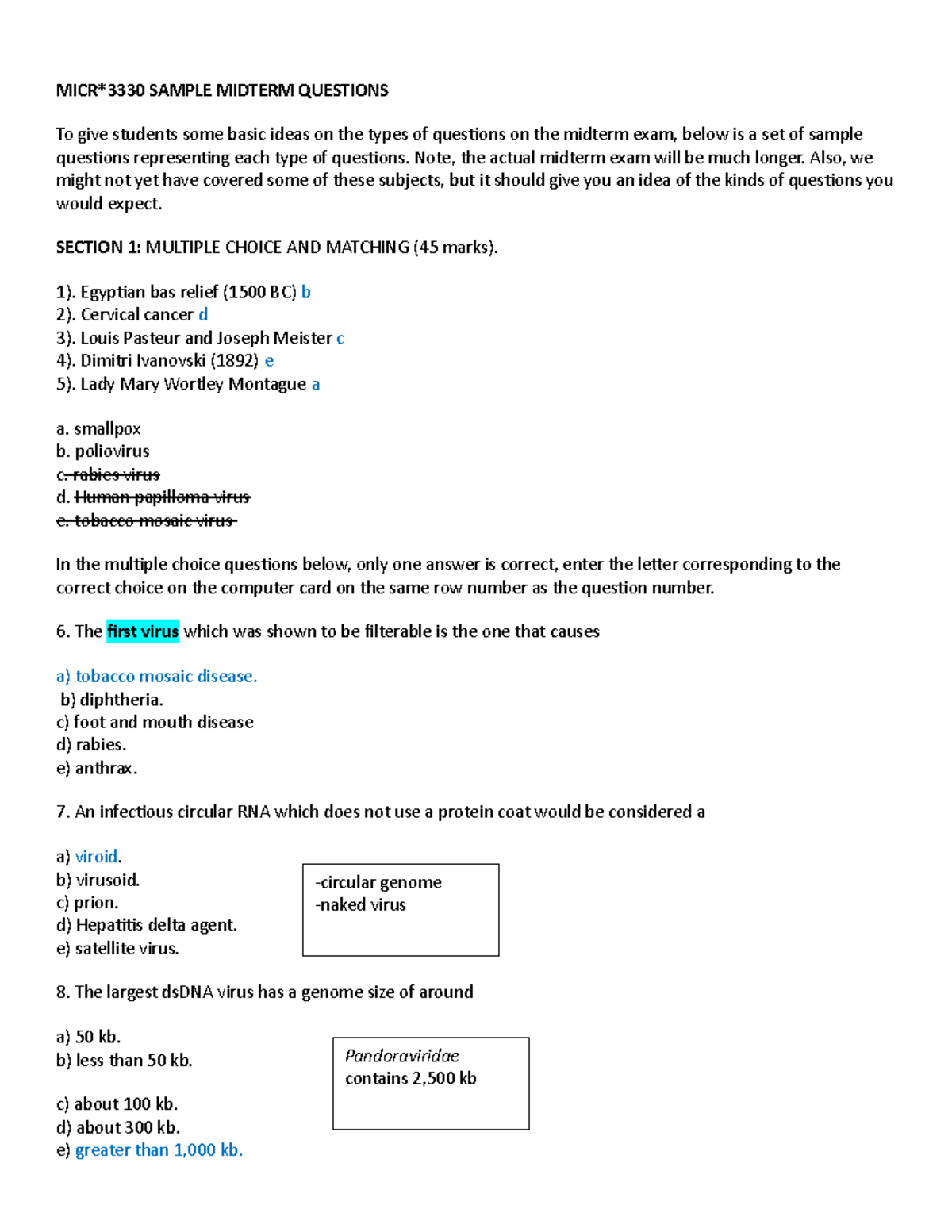 Sample midterm - MICR*3330 SAMPLE MIDTERM QUESTIONS To give students some basic ideas on the ...