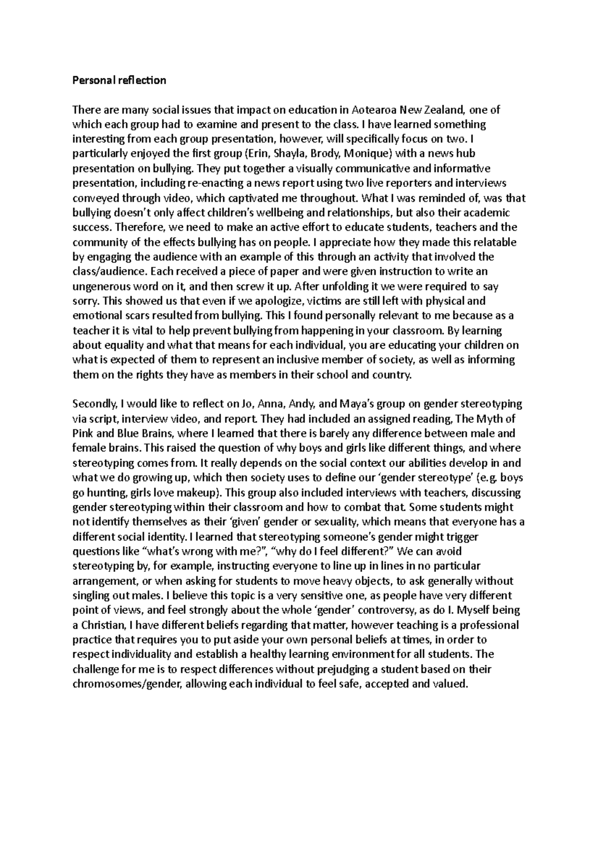 TEEDU101 part B - Personal reflection There are many social issues that ...