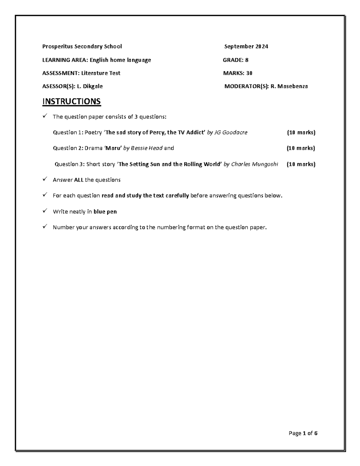 literature test term 3 - Prosperitus Secondary School September 2024 ...