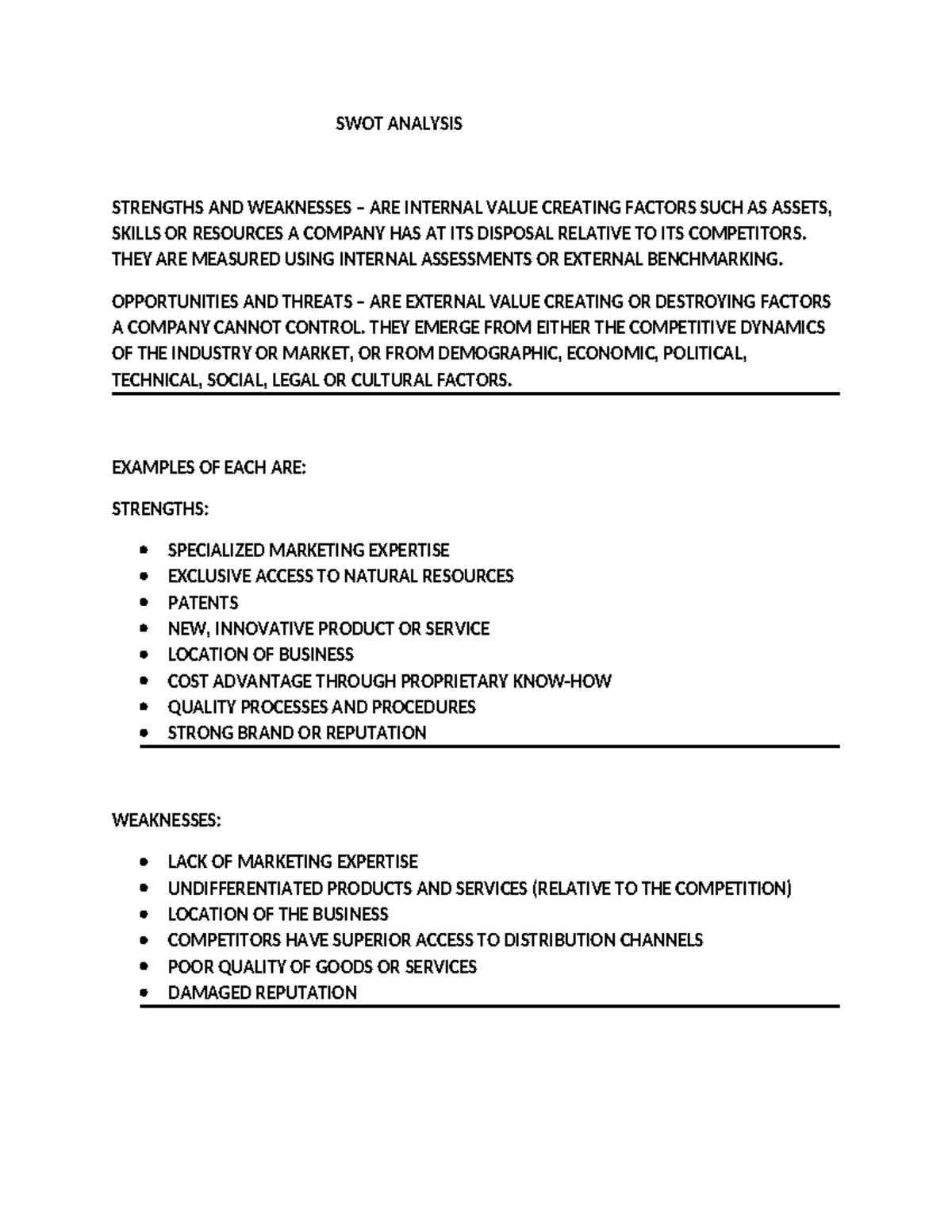 SWOT Analysis - notes - SWOT ANALYSIS STRENGTHS AND WEAKNESSES – ARE ...