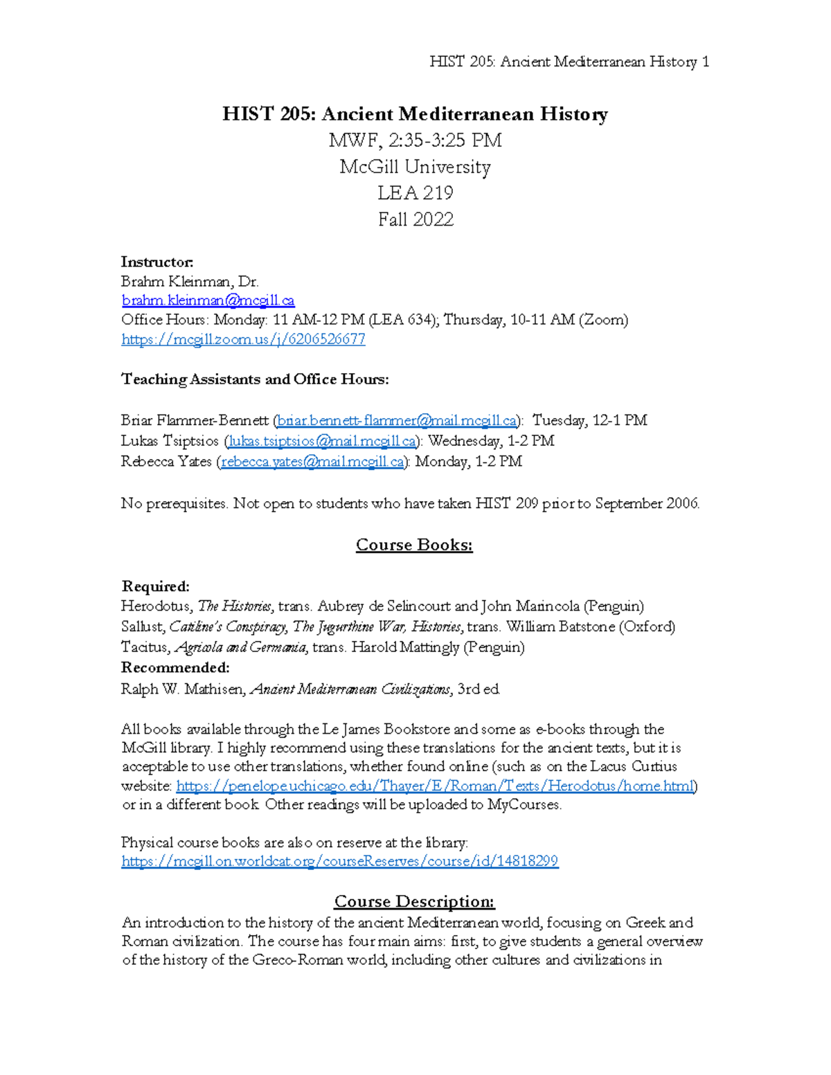 HIST 205 - Ancient Mediterranean History Syllabus, 2022 - HIST 205 ...