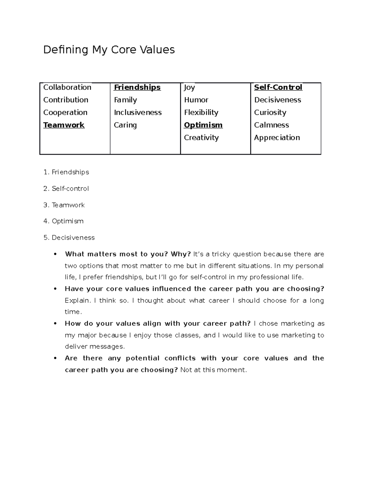 W1 Defining My Core Values - Defining My Core Values Collaboration ...