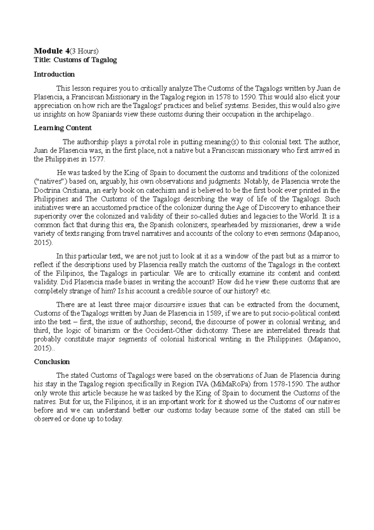 History 4 Customs-of-Tagalog - Module 4 (3 Hours) Title: Customs of Tagalog Introduction This ...