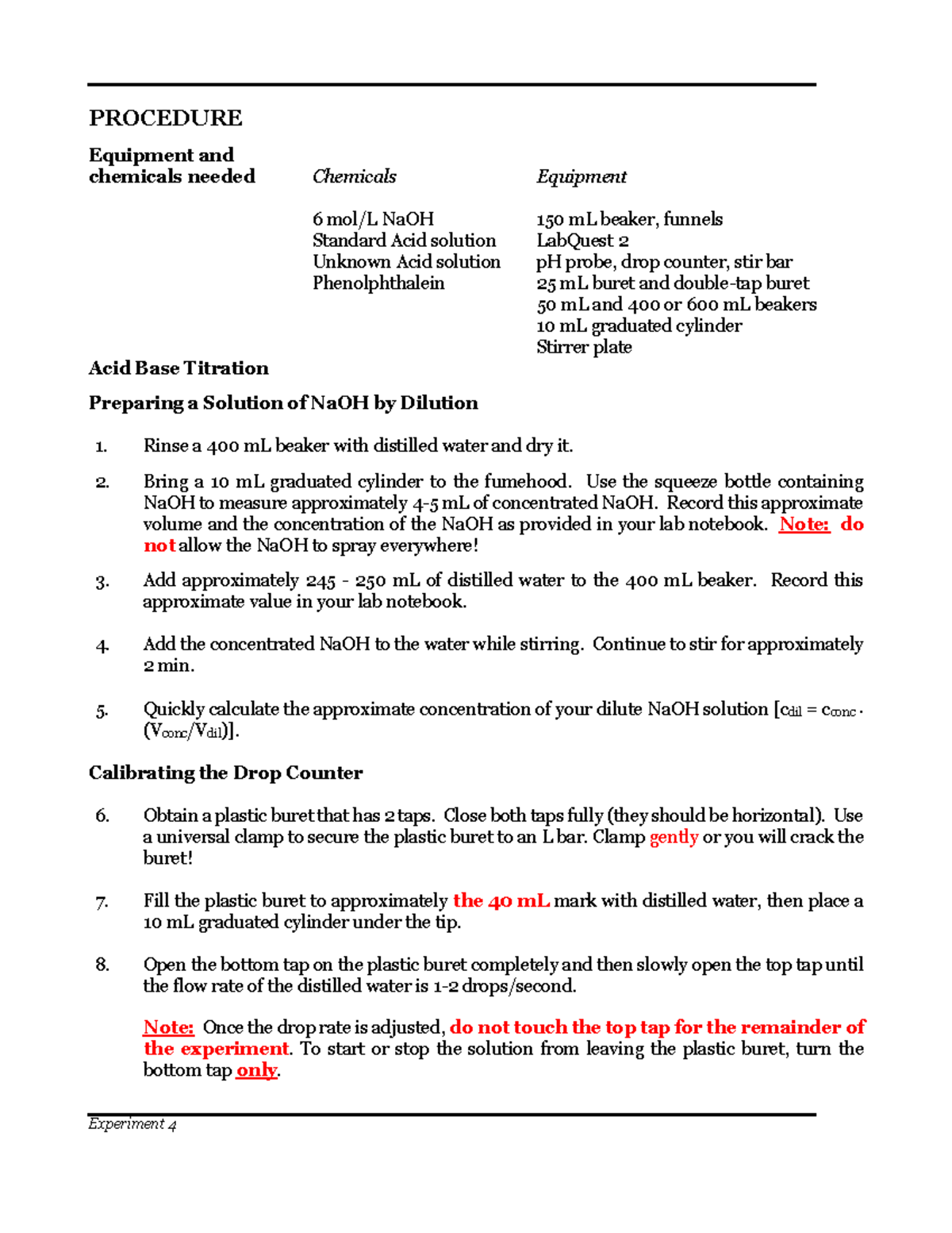 Lab 4 chemistry - lab procedure - Experiment 4 PROCEDURE Equipment and ...