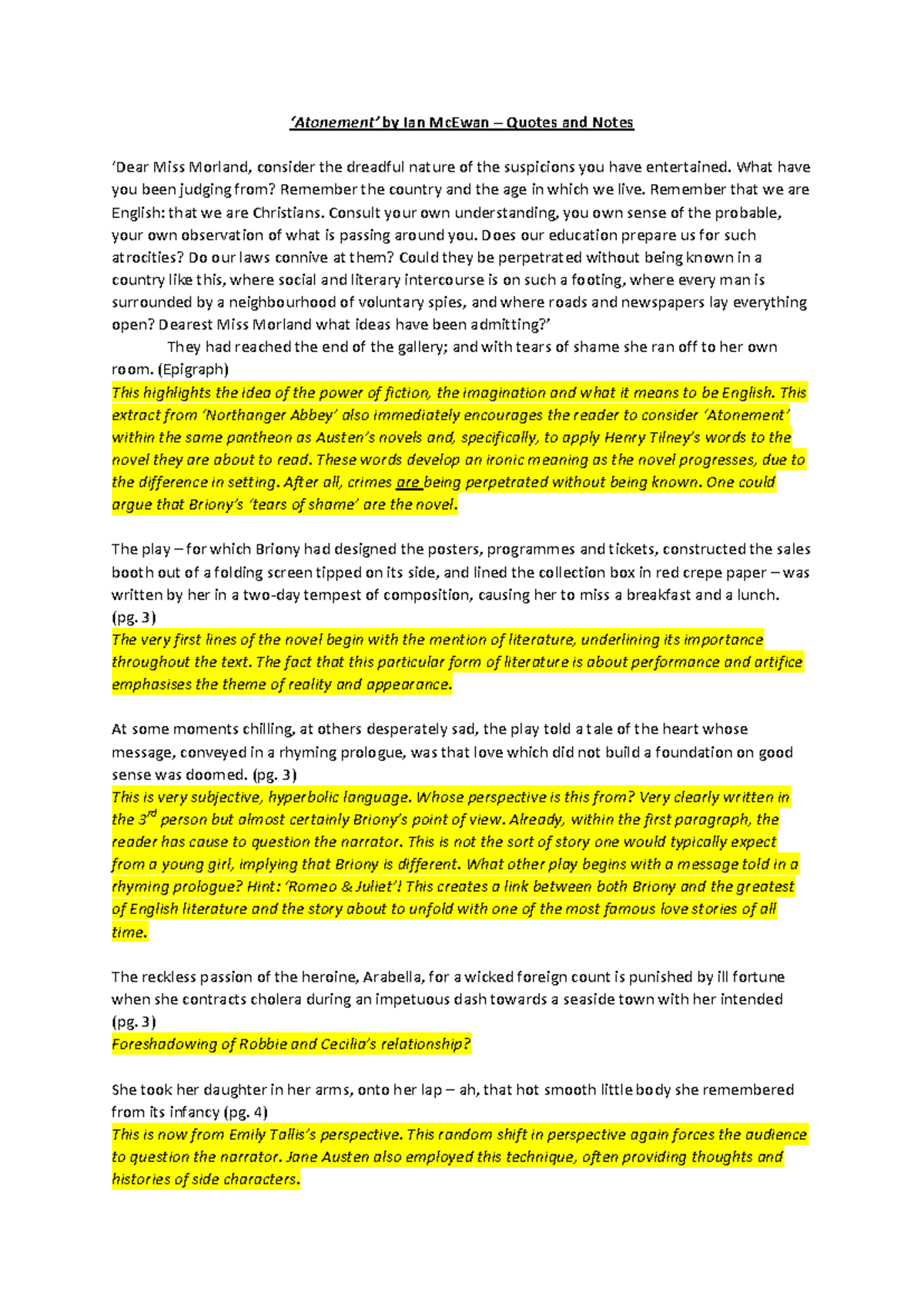 Atonement Notes and Quotes - More Obscure - ‘Atonement’ by Ian McEwan ...