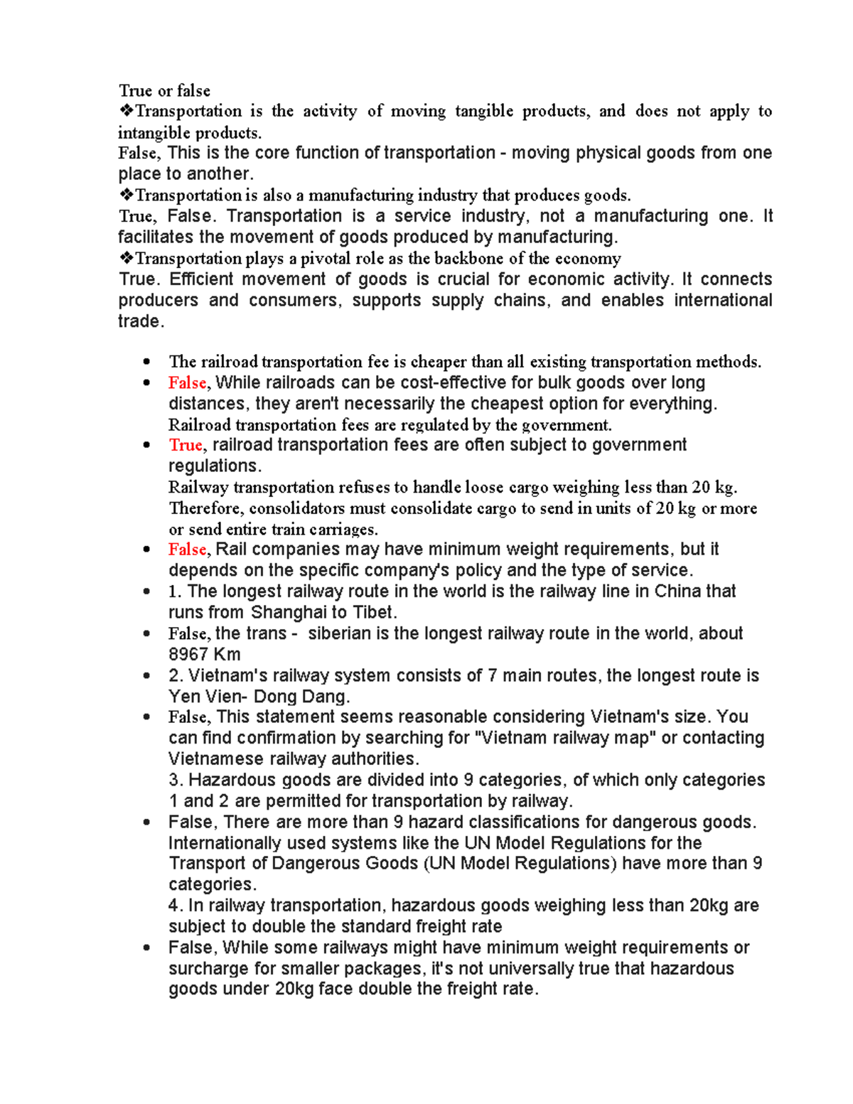 True or false - chúc mng được A - True or false Transportation is the ...