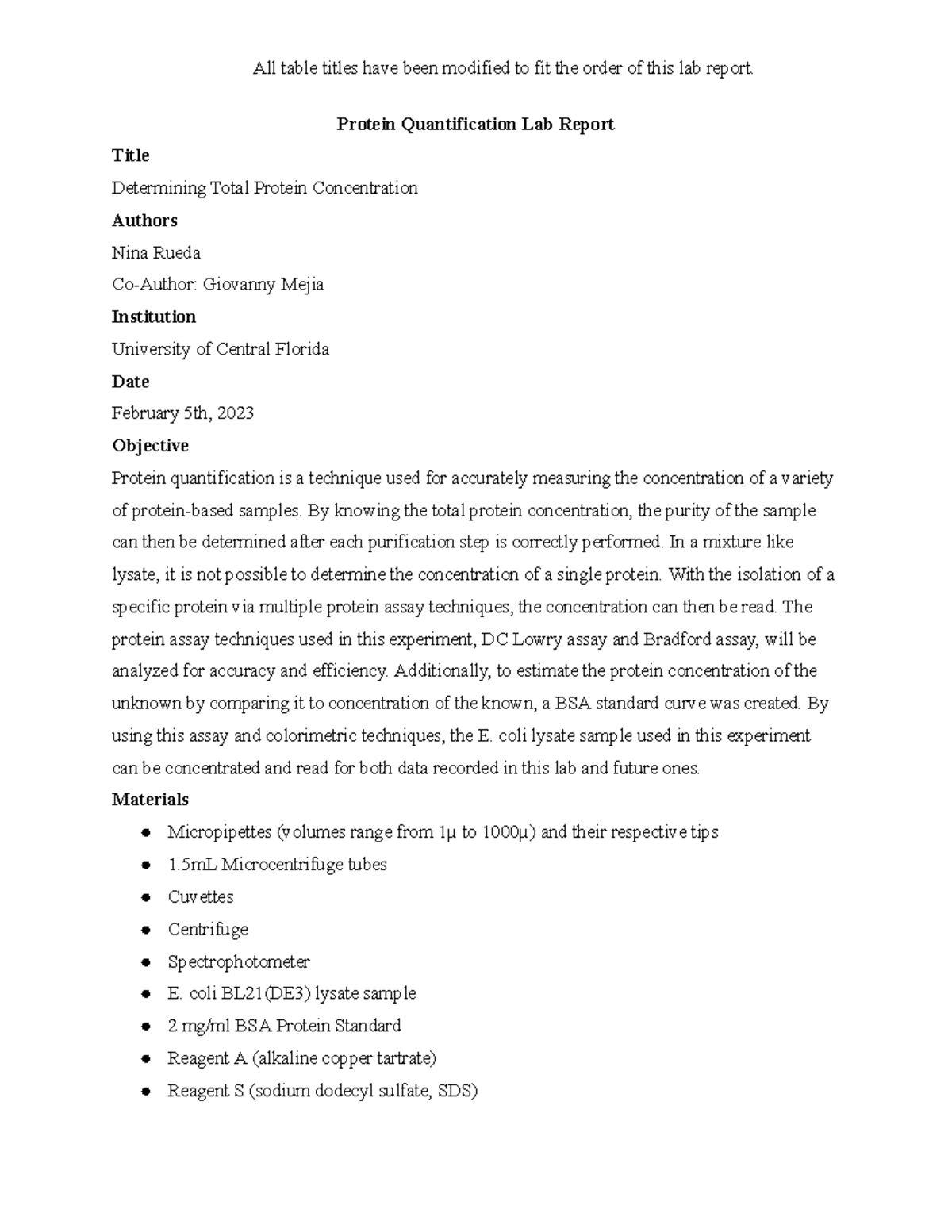 Protein Quantification Lab Report 2 - Protein Quantification Lab Report ...