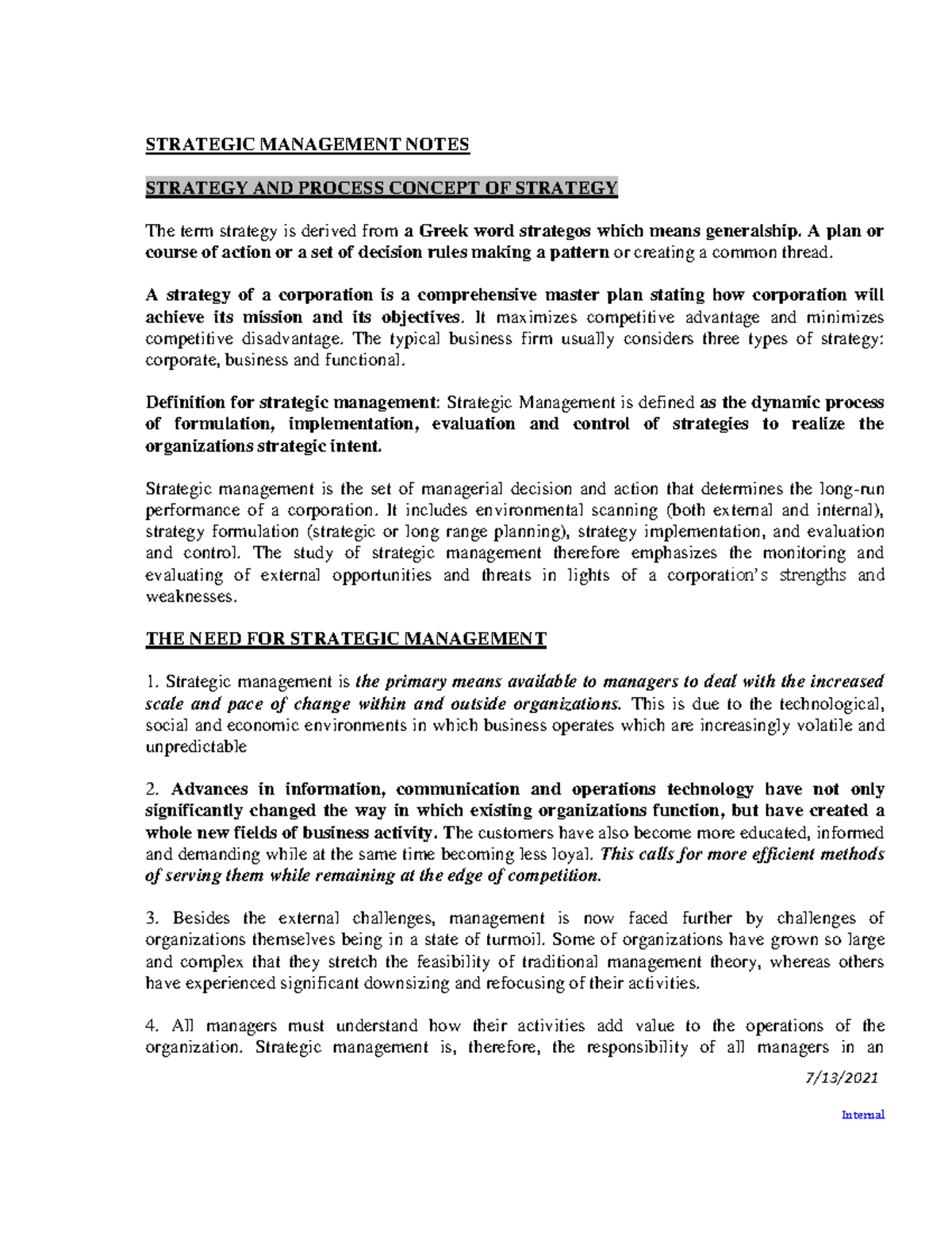 Strategic management additional note 13072021 - 7/13/ STRATEGIC ...
