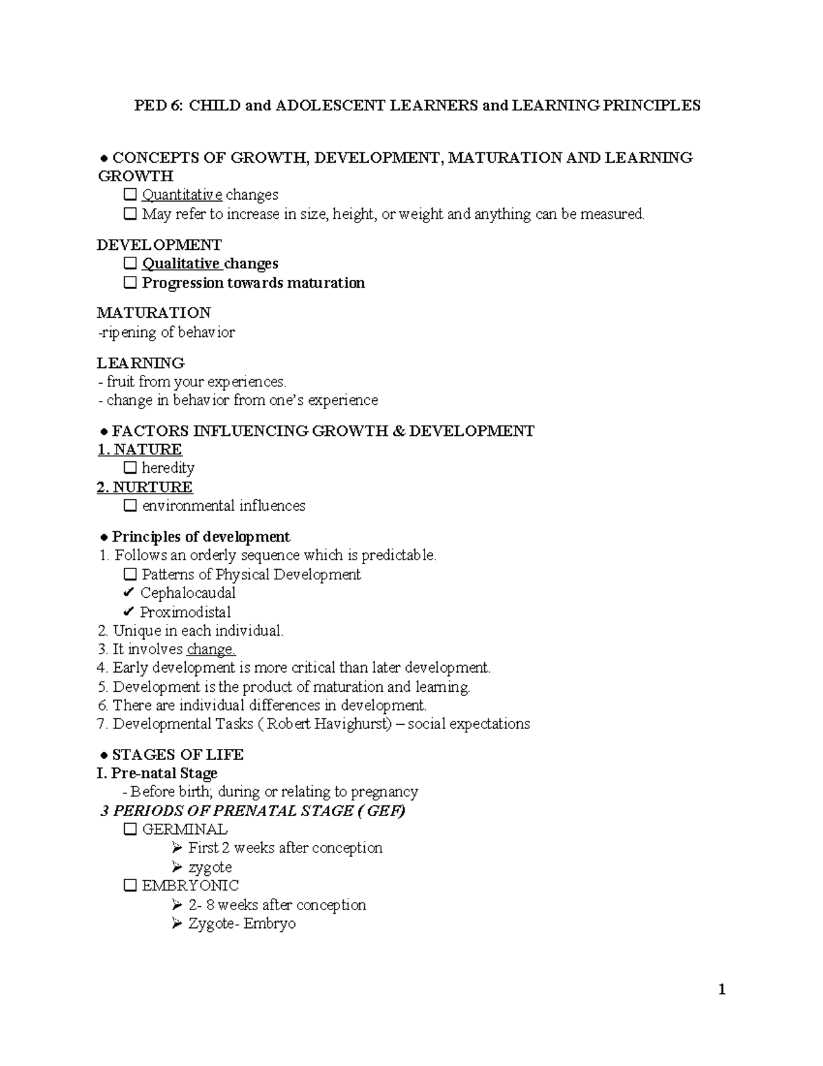 Child Ado Lecture Notes - PED 6: CHILD and ADOLESCENT LEARNERS and ...