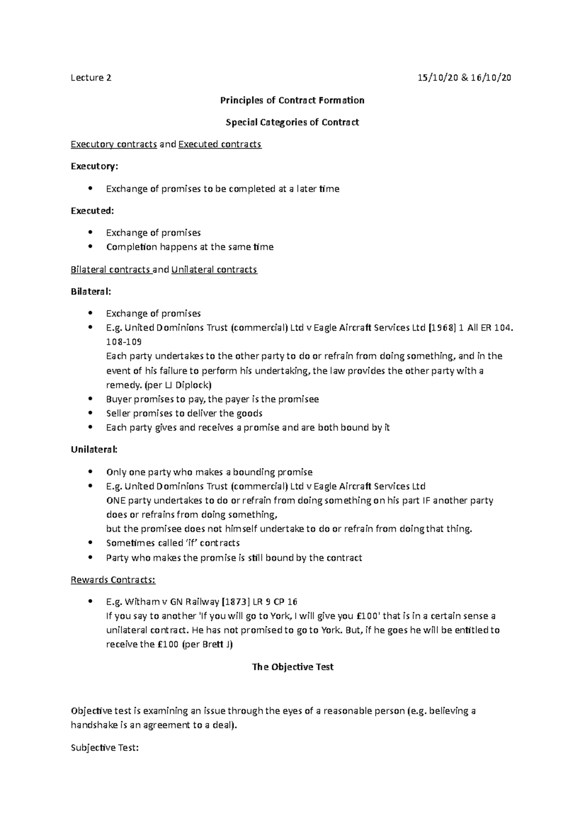 Contract Law Lecture 2 Notes - Lecture 2 15/10/20 & 16/10/ Principles ...