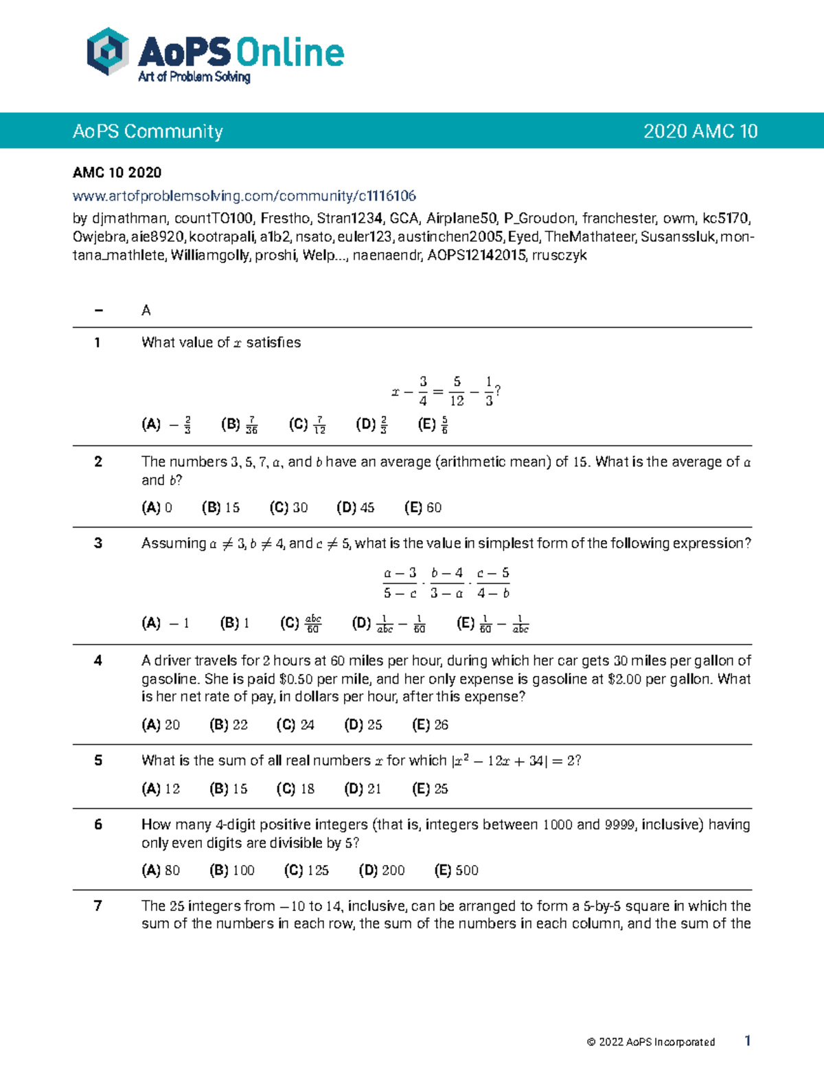 AMC 10 2019 Problems - AMC 10 2020 artofproblemsolving/community/c by ...