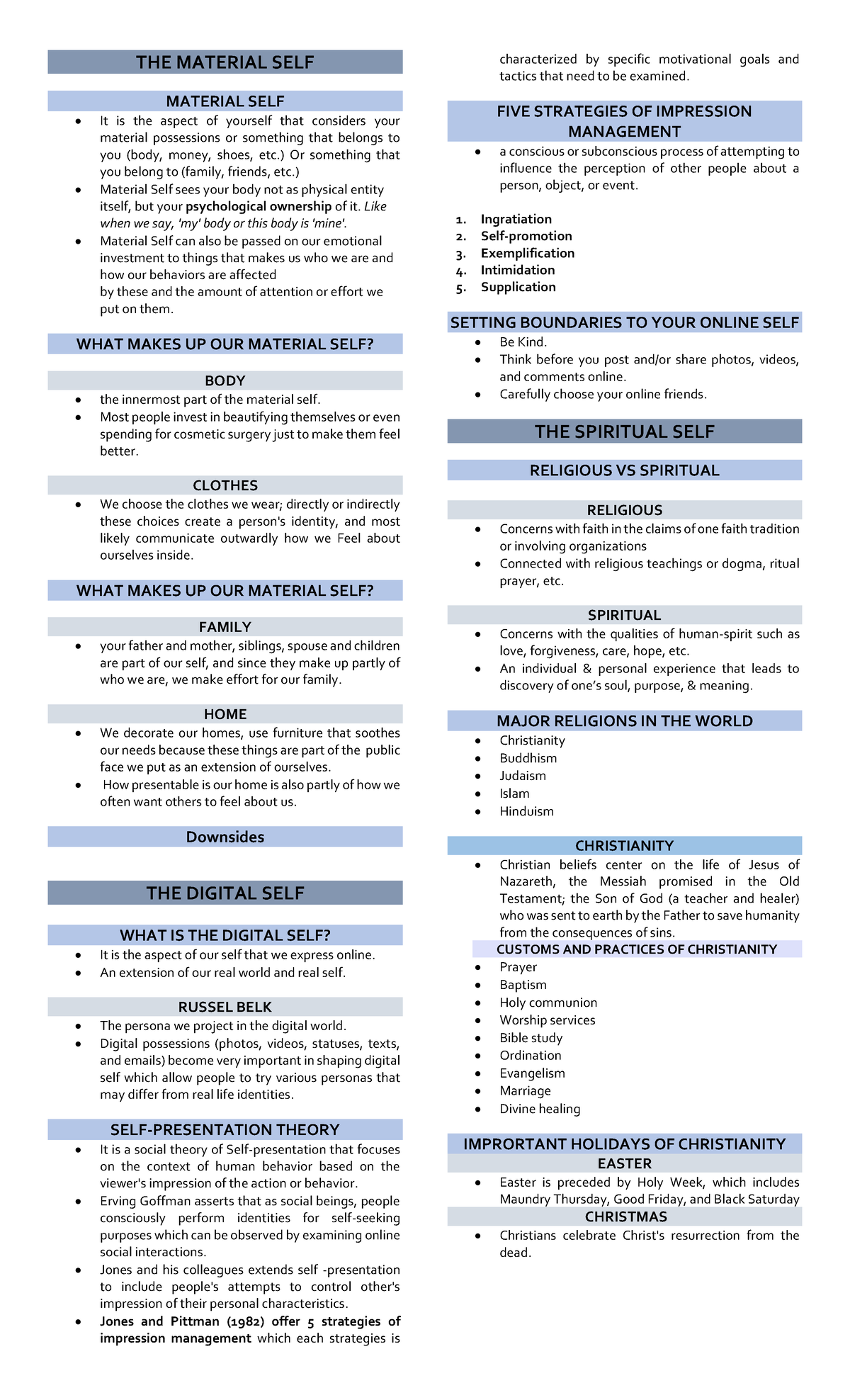 Uts notes - THE MATERIAL SELF MATERIAL SELF It is the aspect of ...
