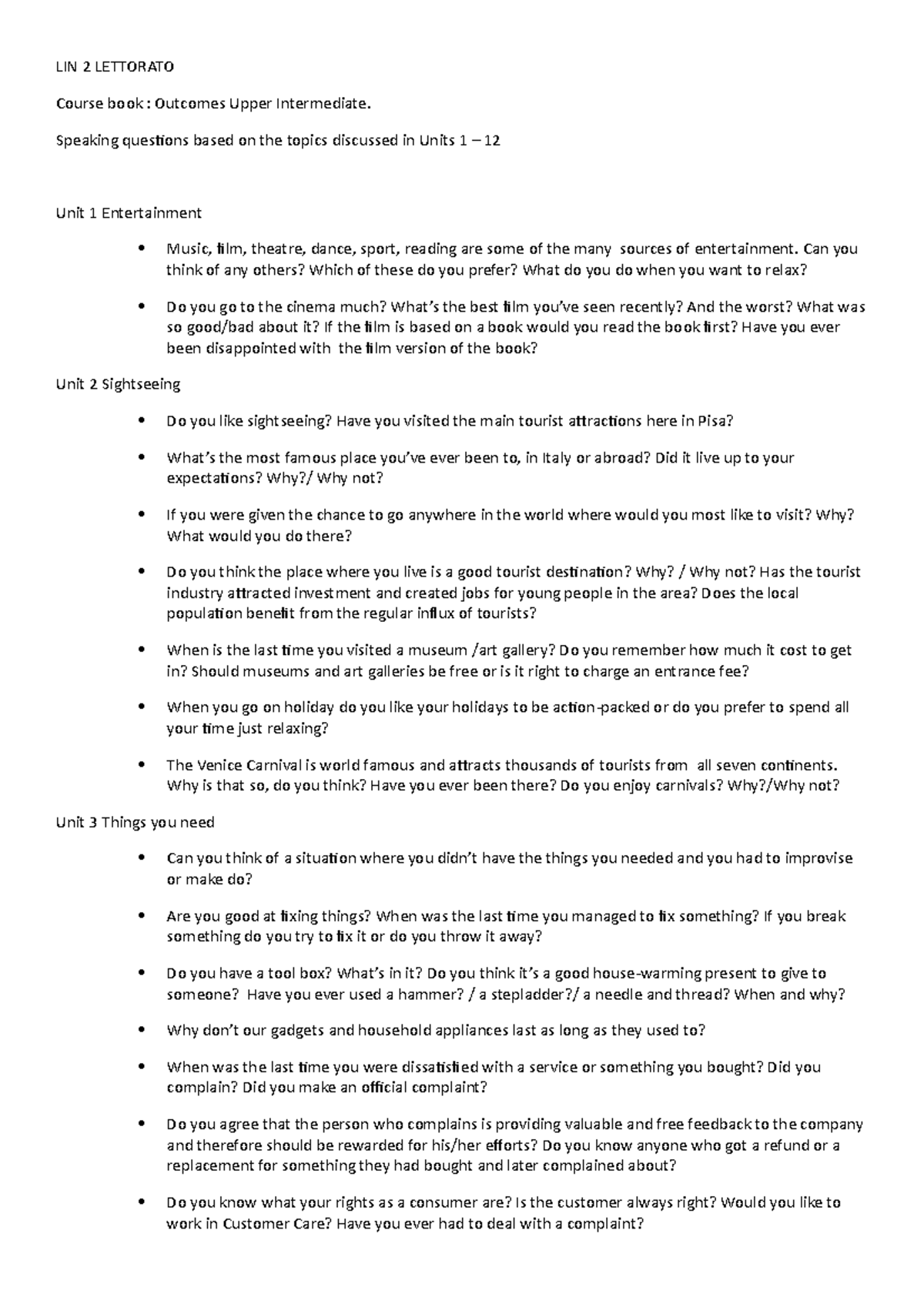 Speaking Questions Units 1-12 Final - LIN 2 LETTORATO Course book ...