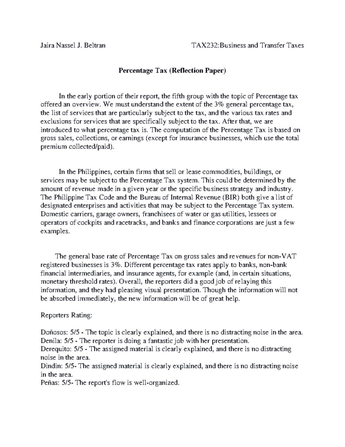 Beltran Group 5 Reflection Paper - Jaira Nassel J. Beltran TAX232 ...