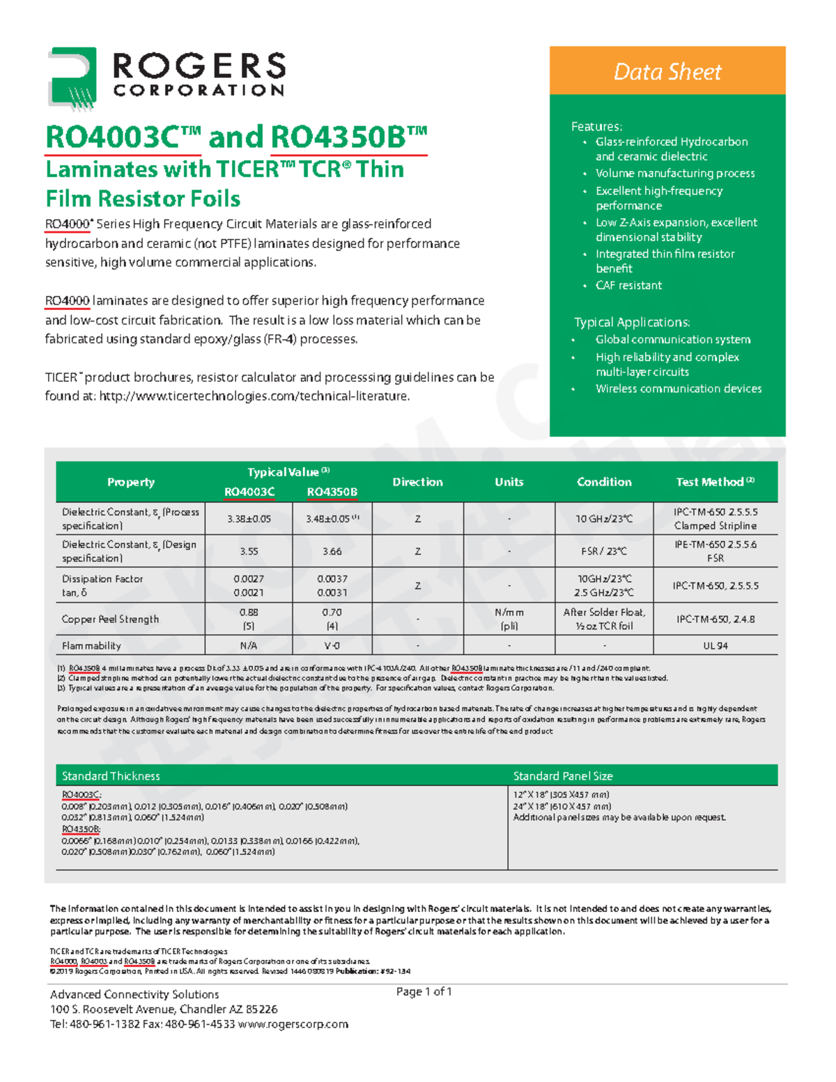 Rogers Datasheet - Advanced Connectivity Solutions 100 S. Roosevelt ...