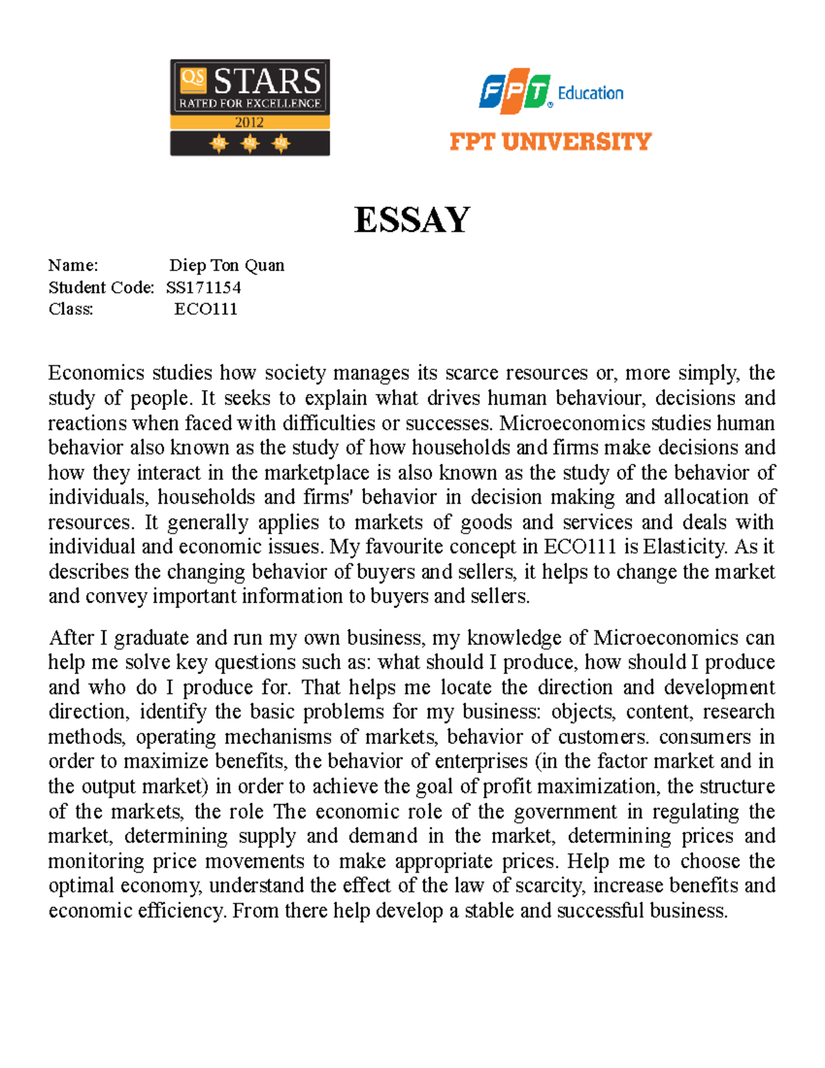 Essay, Subject: ECO111 - ESSAY Name: Diep Ton Quan Student Code: SS ...