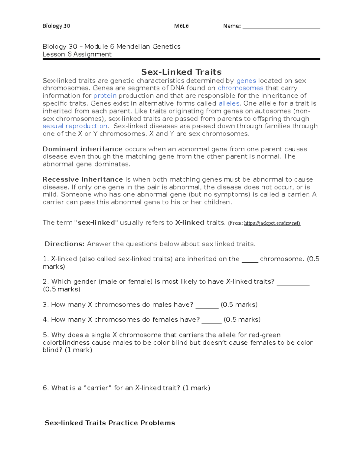 Bio 30 M6L6 - Biology 30 – Module 6 Mendelian Genetics Lesson 6 ...