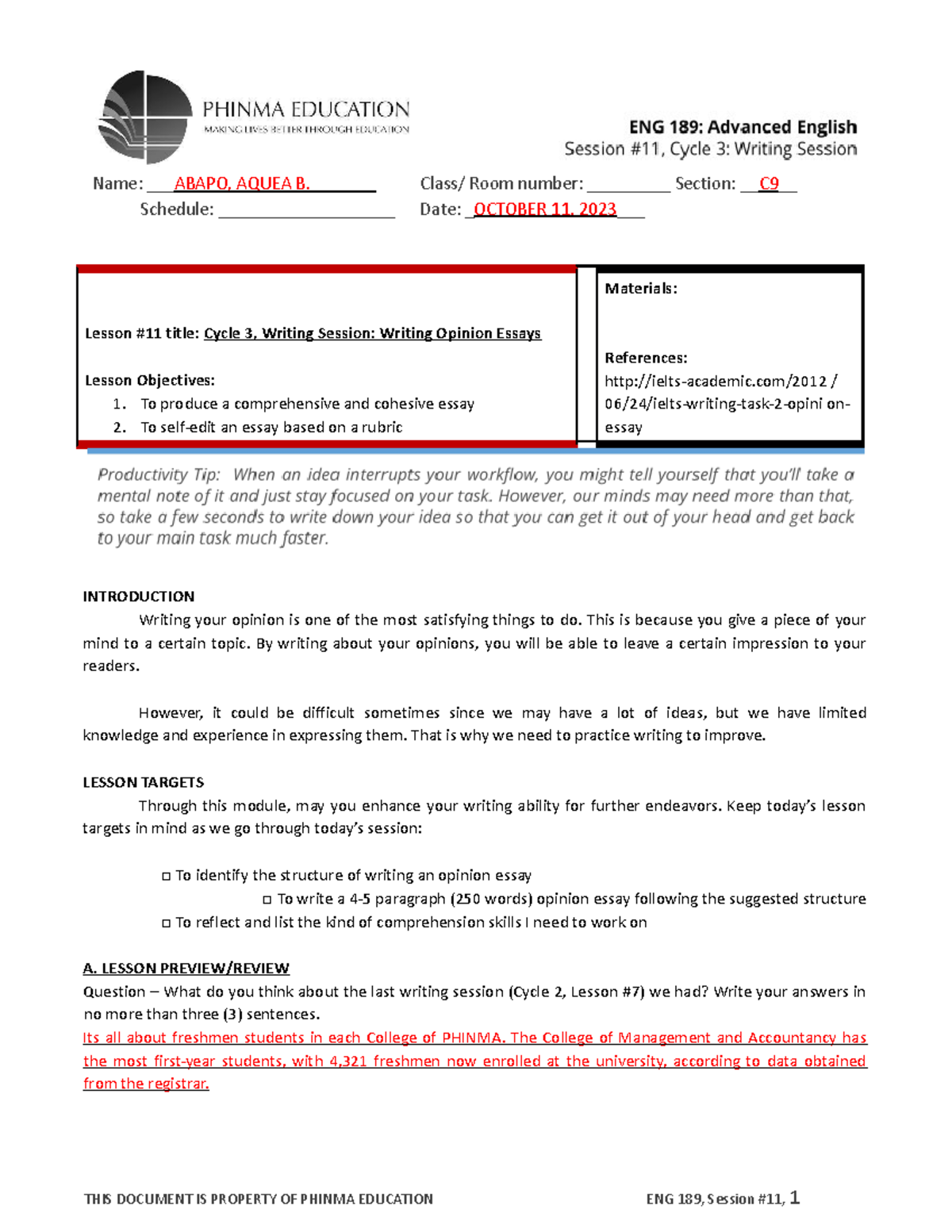 Abapo, Aquea B. ENG 189 SAS#11 writing - Schedule: ___________________ Date: OCTOBER 11, 2023 ...