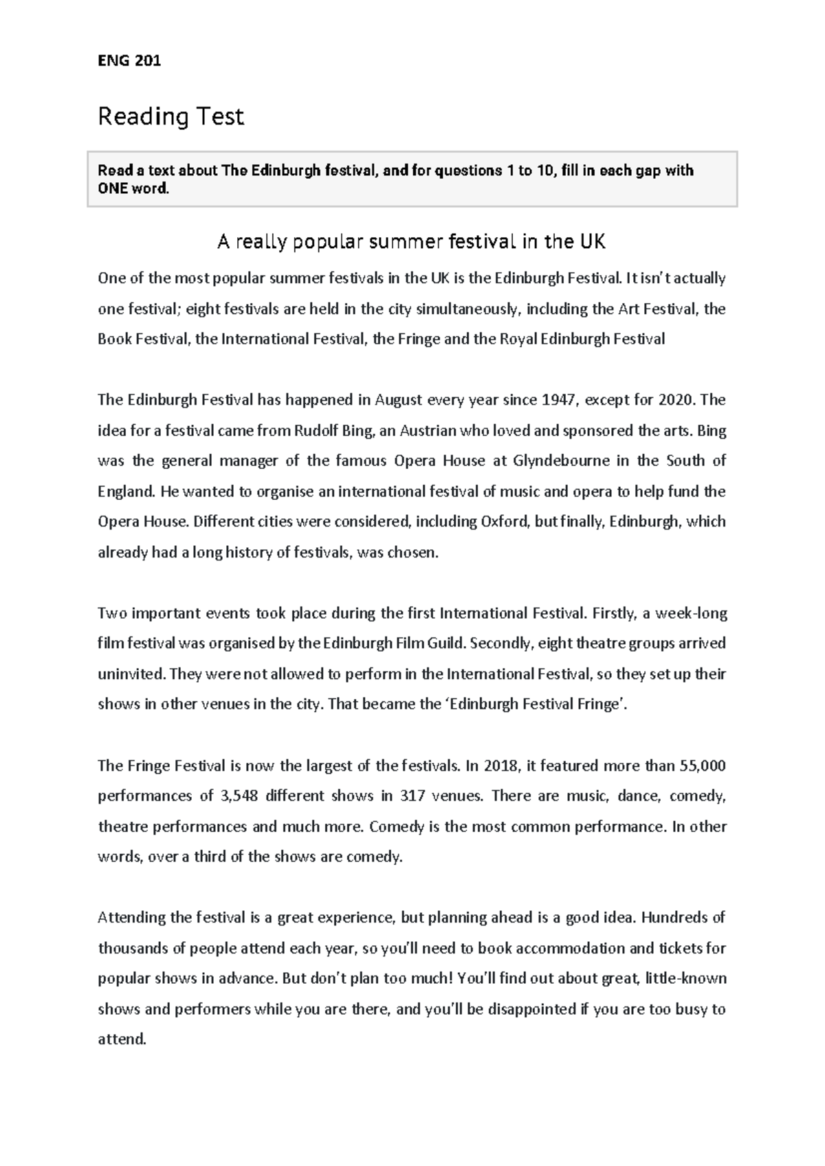 Reading test - ENG 201 Reading Test Read a text about The Edinburgh ...
