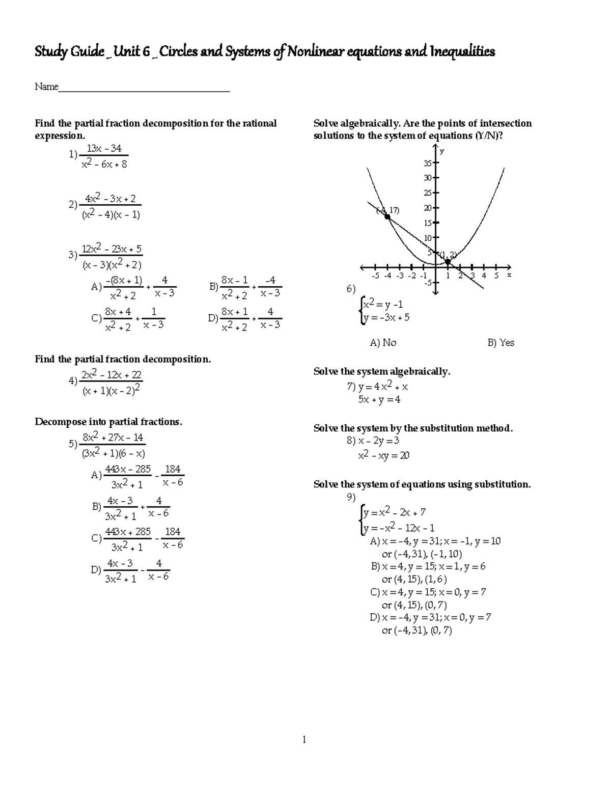 Study Guide Unit 6 Alg 3 H - Study Guide _ Unit 6 _ Circles and Systems ...