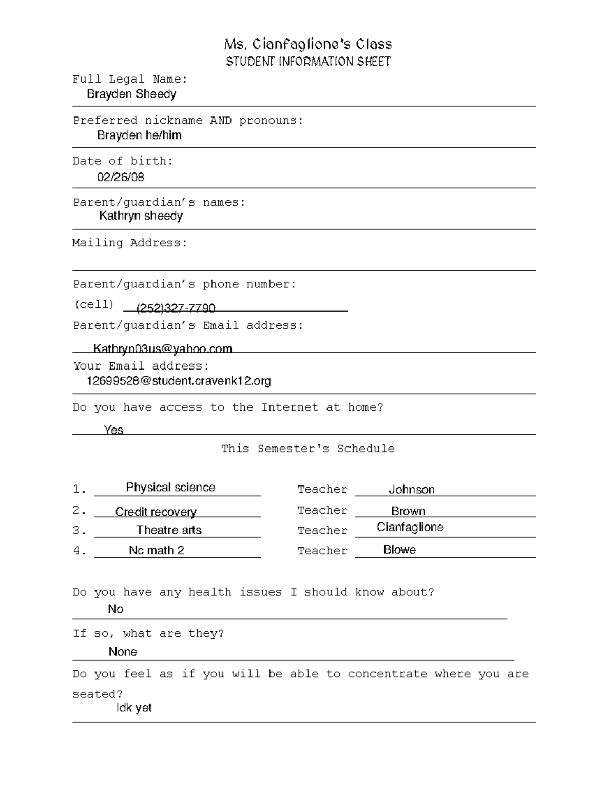 Student+Info Survey+Sheet - Ms. Cianfaglione’s Class STUDENT ...