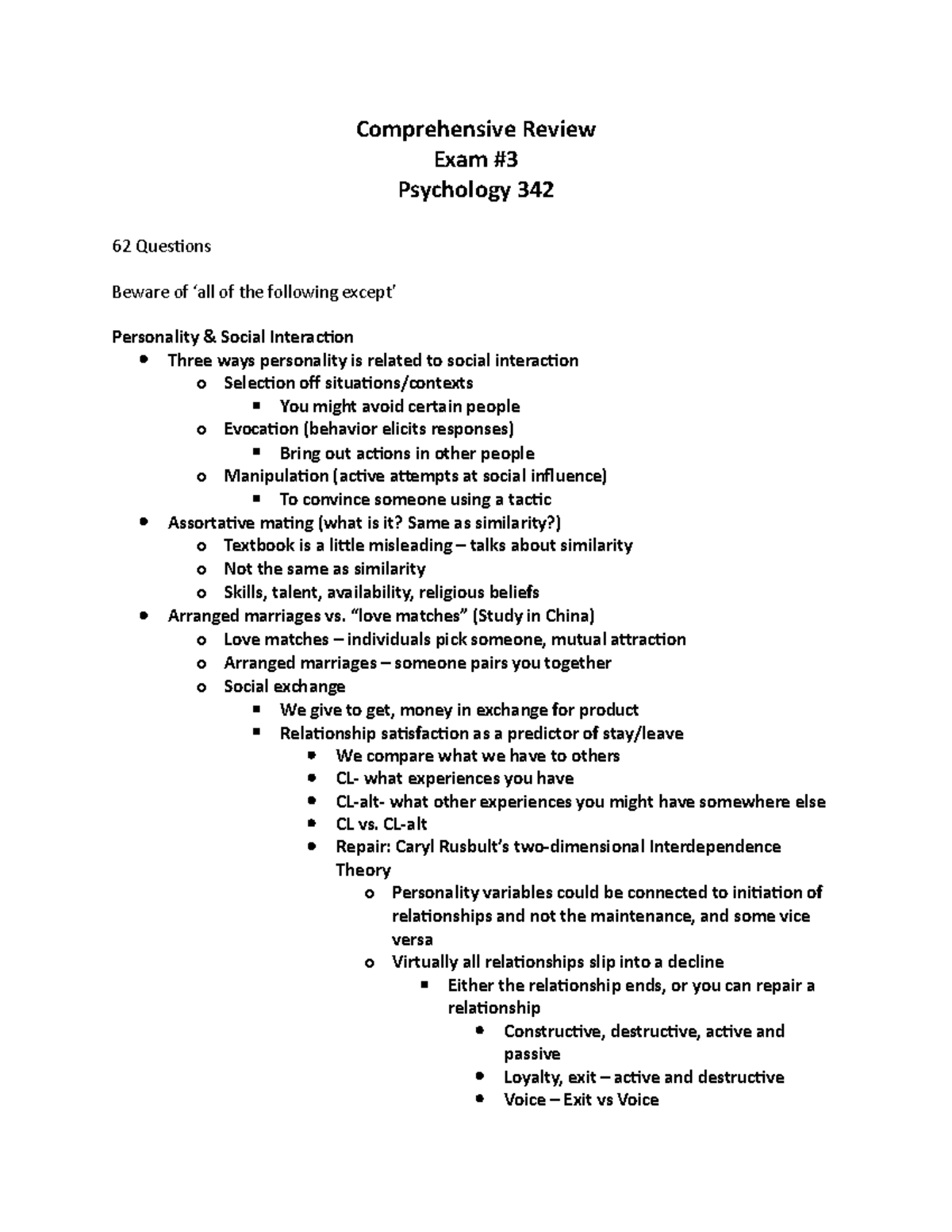 Comprehensive Review- psy 342 - Comprehensive Review Exam Psychology ...