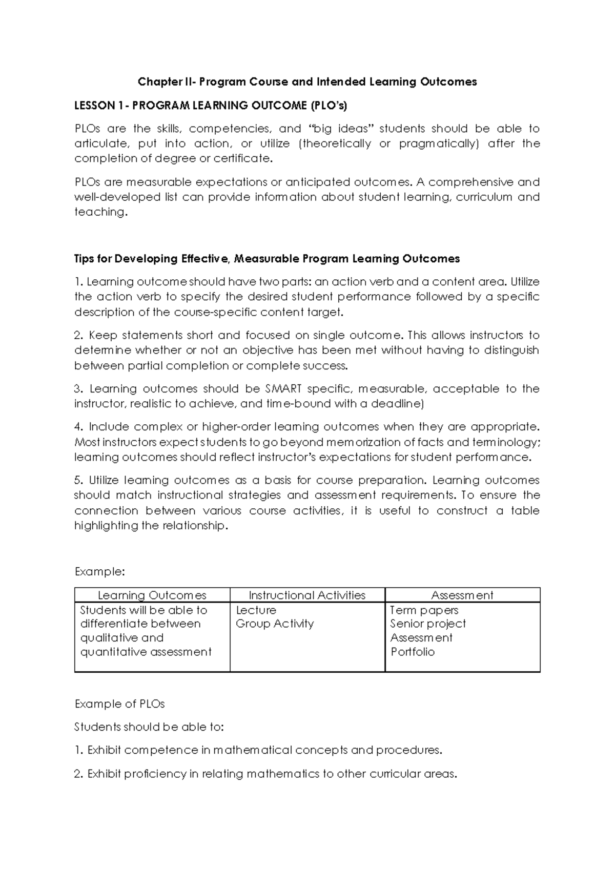 Chapter II Lesson 1 - Notes - Chapter II- Program Course and Intended ...