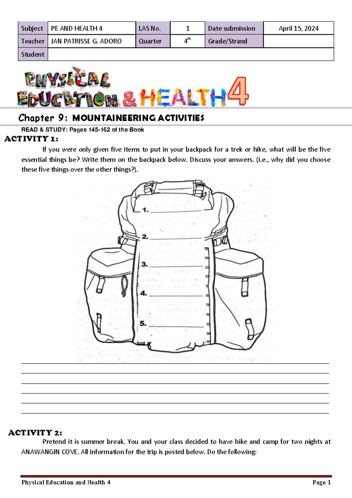 4th Quarter LAS 1 PE and Health 4 - Physical Education and Health 4 ...