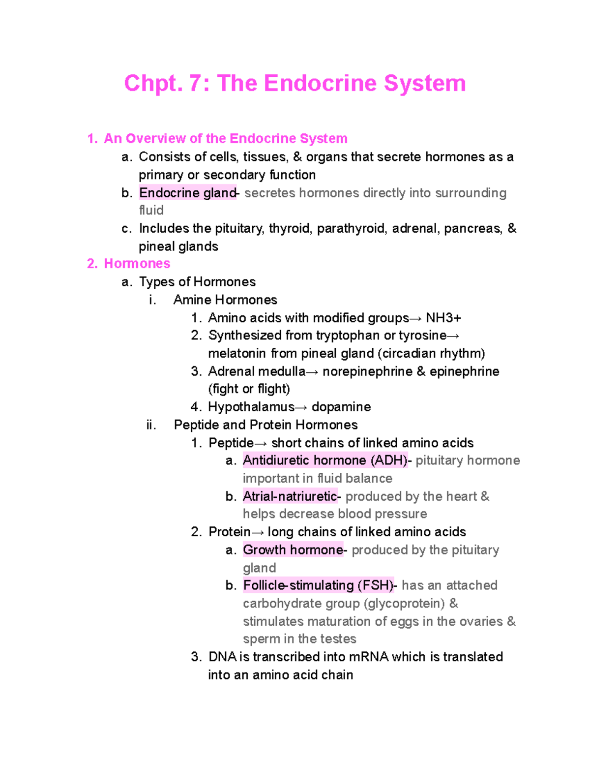 Chpt 7 Notes-2 - chapter notes - Chpt. 7: The Endocrine System 1. An ...