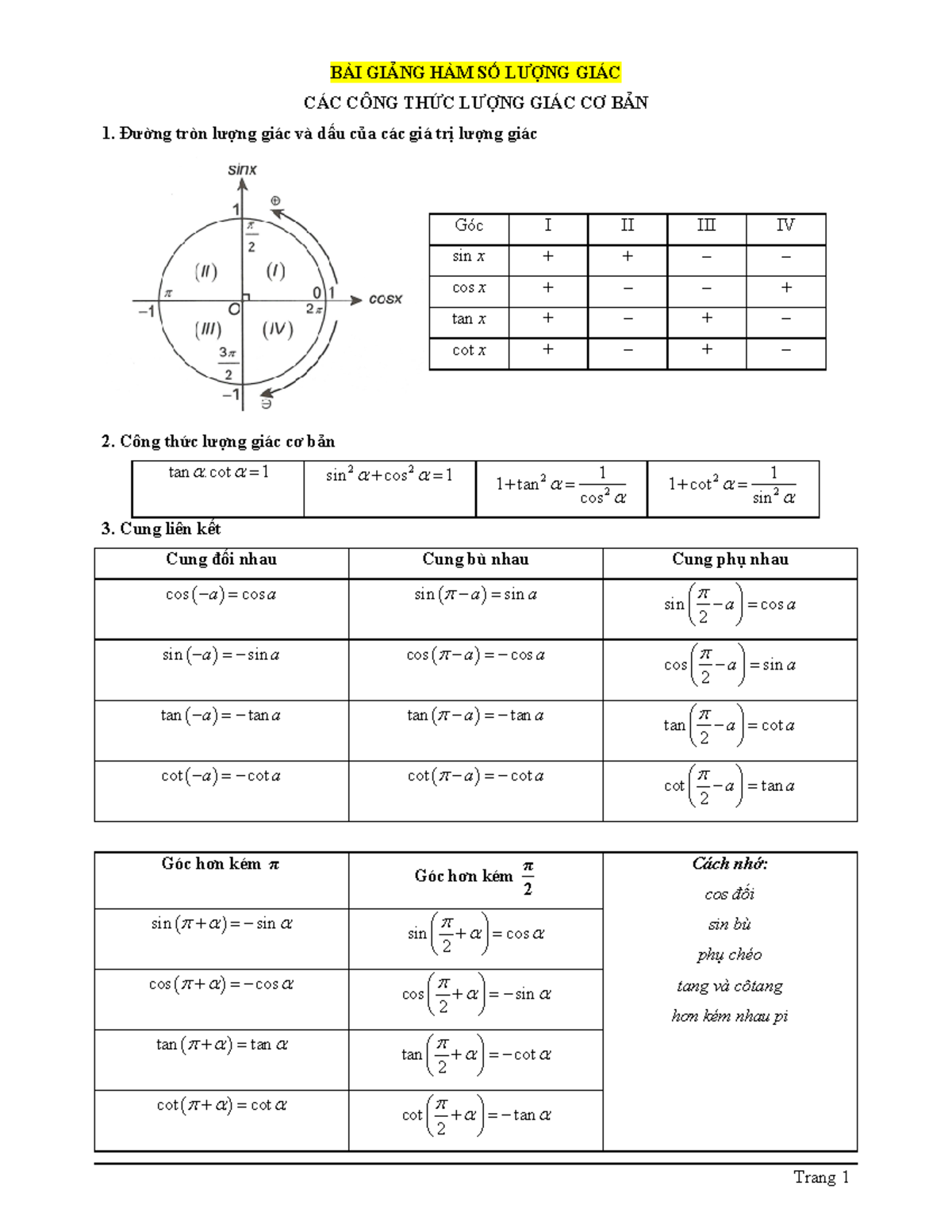 Công thức biến đổi lượng giác - Trang 1 B¿I GIẢNG H¿M SỐ LƯỢNG GI¡C C¡C C‘NG THỨC LƯỢNG GI¡C CƠ ...